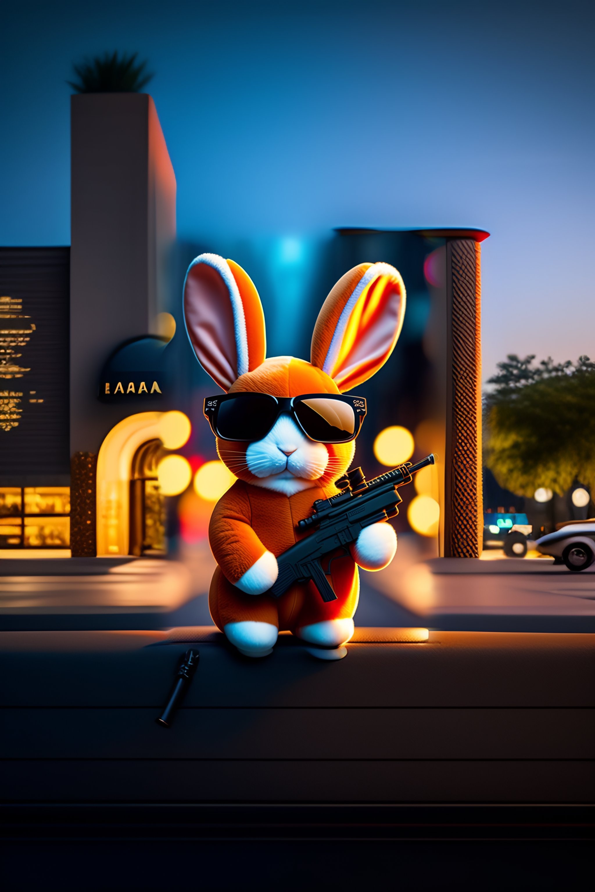Lexica - Plush rabbit with gun and sunglasses in front of bank robbing ...