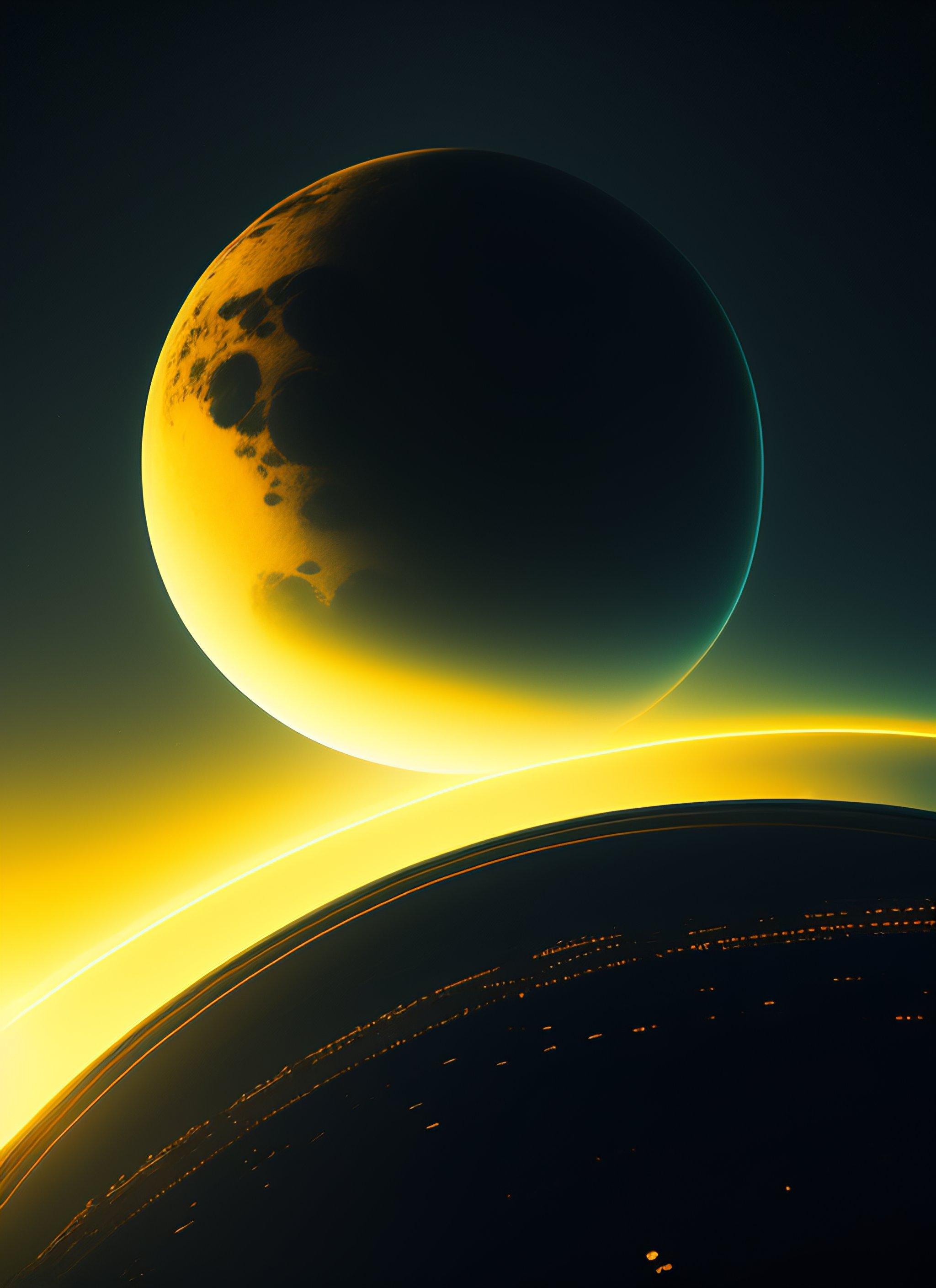 Lexica - Saturn in the sky, yellow lights, cyber punk, destroyed city ...