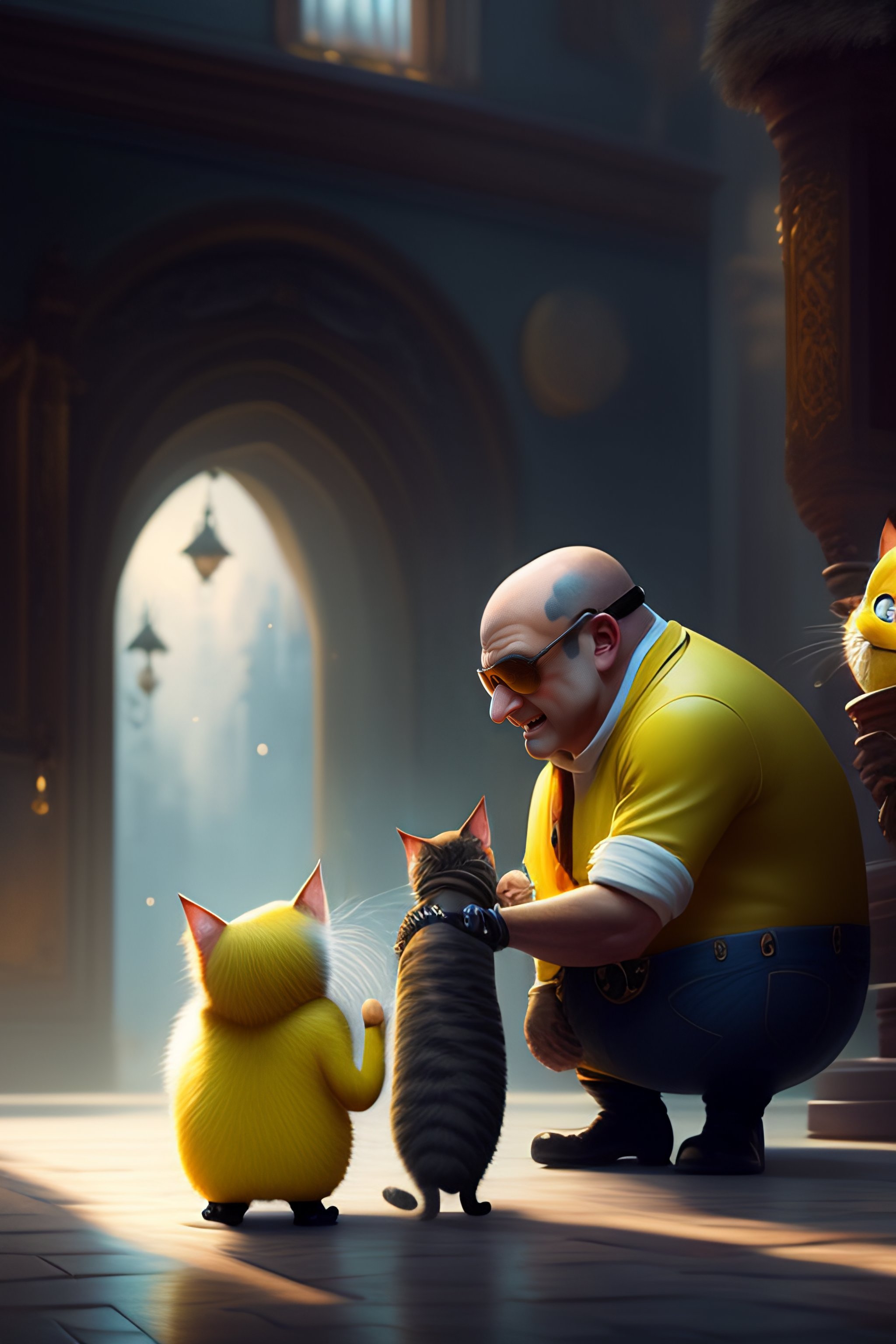 Lexica - Minions playing with Gru by greg rutkowski, with cats