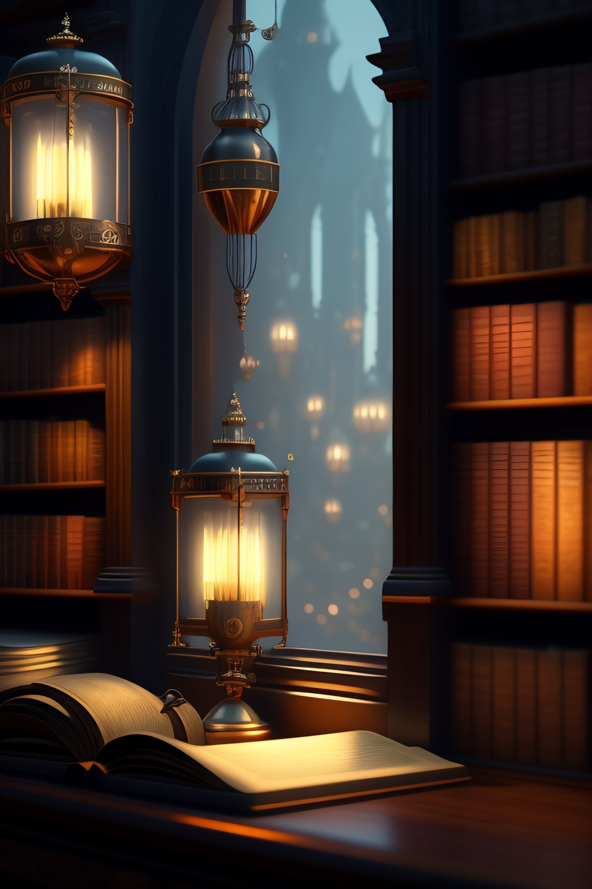 Lexica - Digital illustration of a steampunk library, Cluttered, full ...