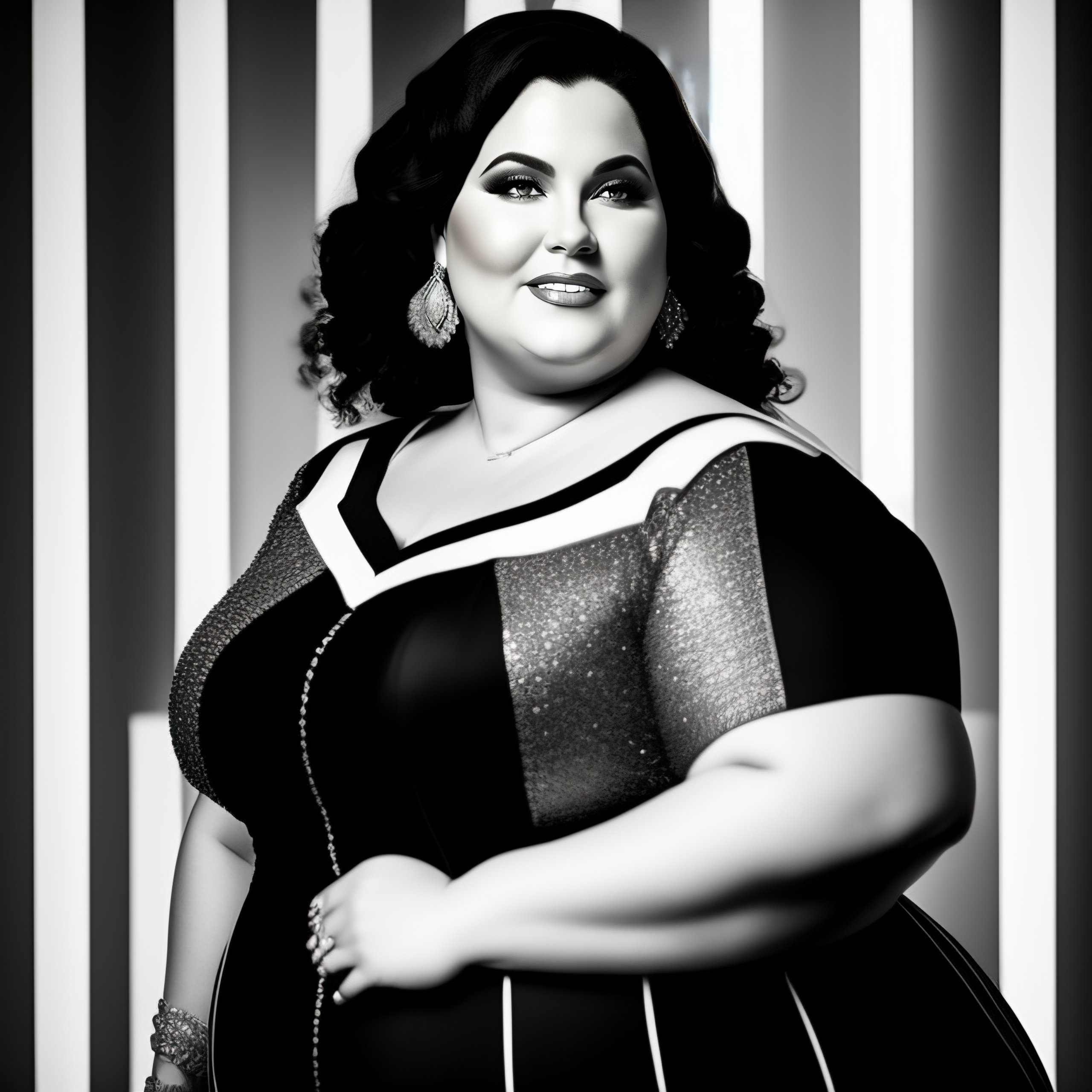 Lexica - Plus-size older female wearing black and white dress, logo ...