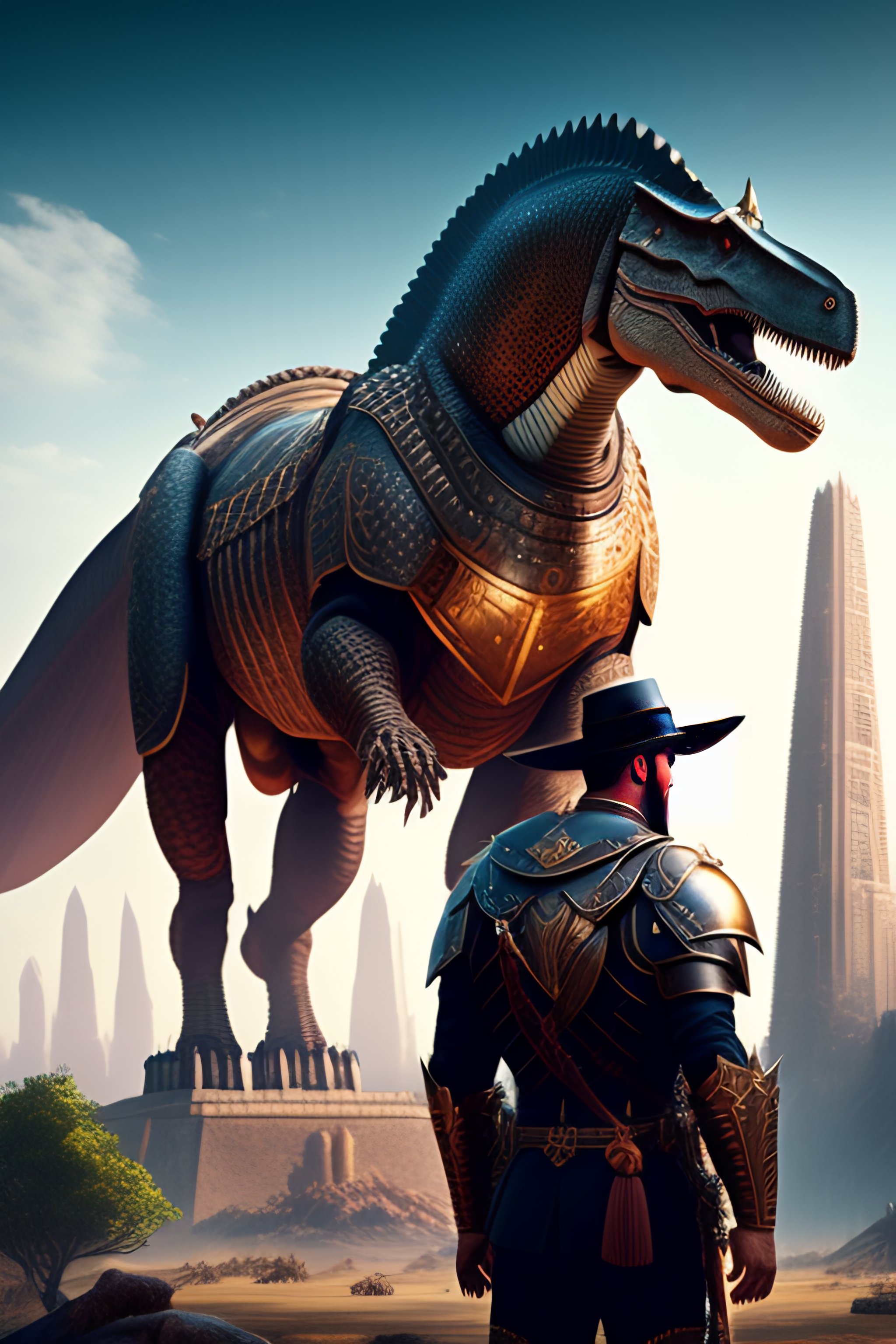 Lexica - An armoured humanoid tyrannosaurus rex standing looking over ...