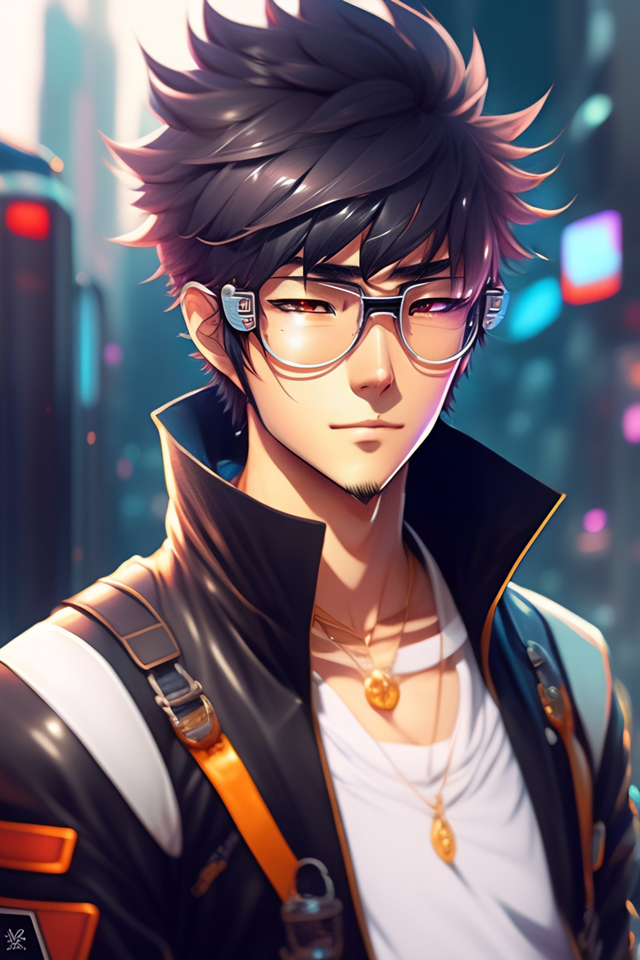 Lexica - Anime boy with messy hair and beard wearing futuristic ...