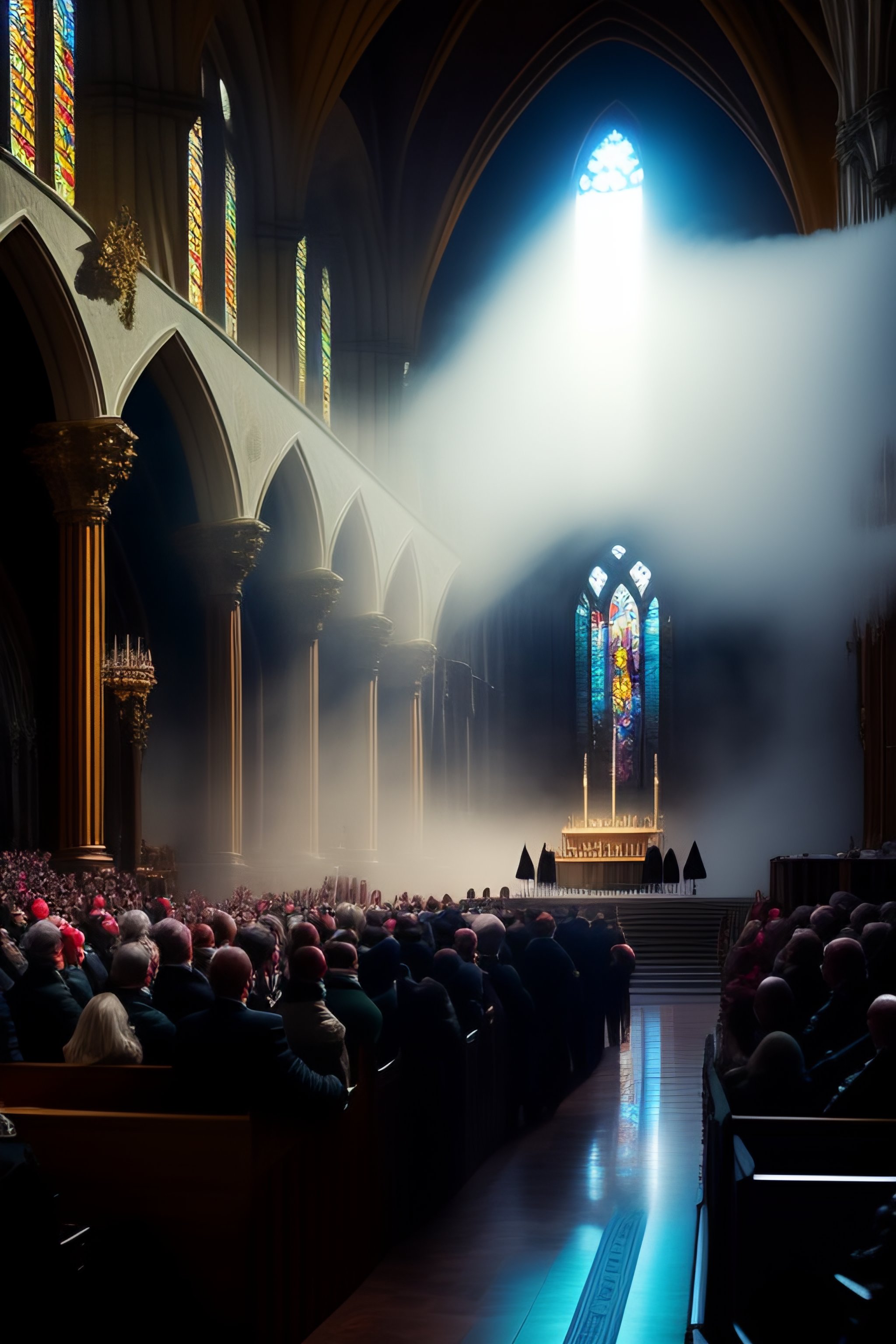 Lexica - Bishop celebrating mass in a huge cathedral with epic mist ...