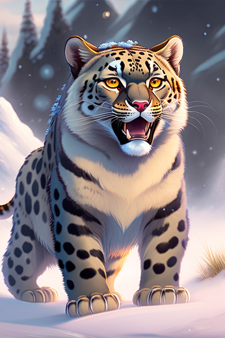 Lexica - An angry black snow leopard in the snow, art syle studio ghibli