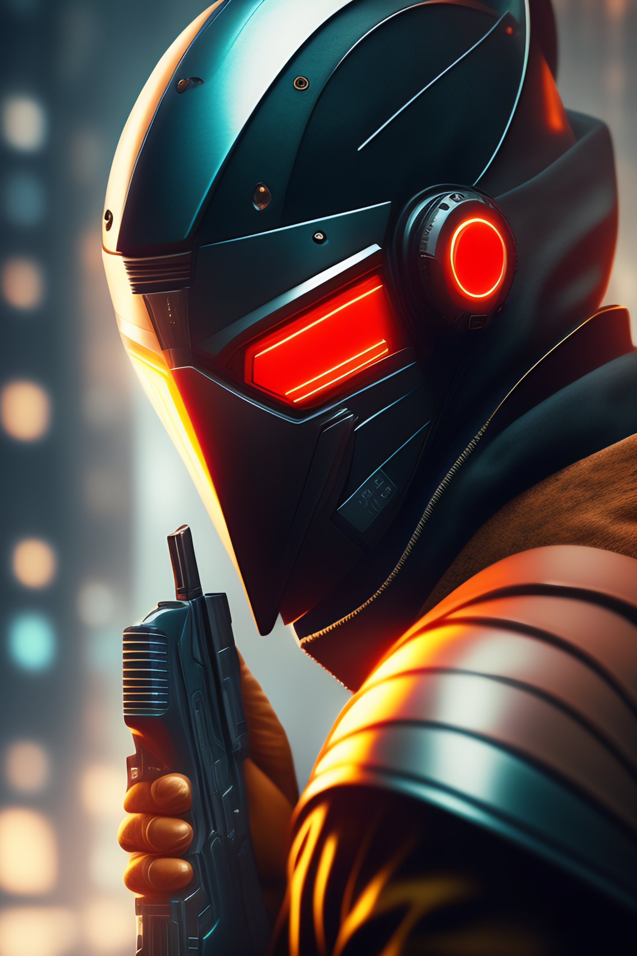 Lexica - Cyberpunk masked man, half robot, holding gun