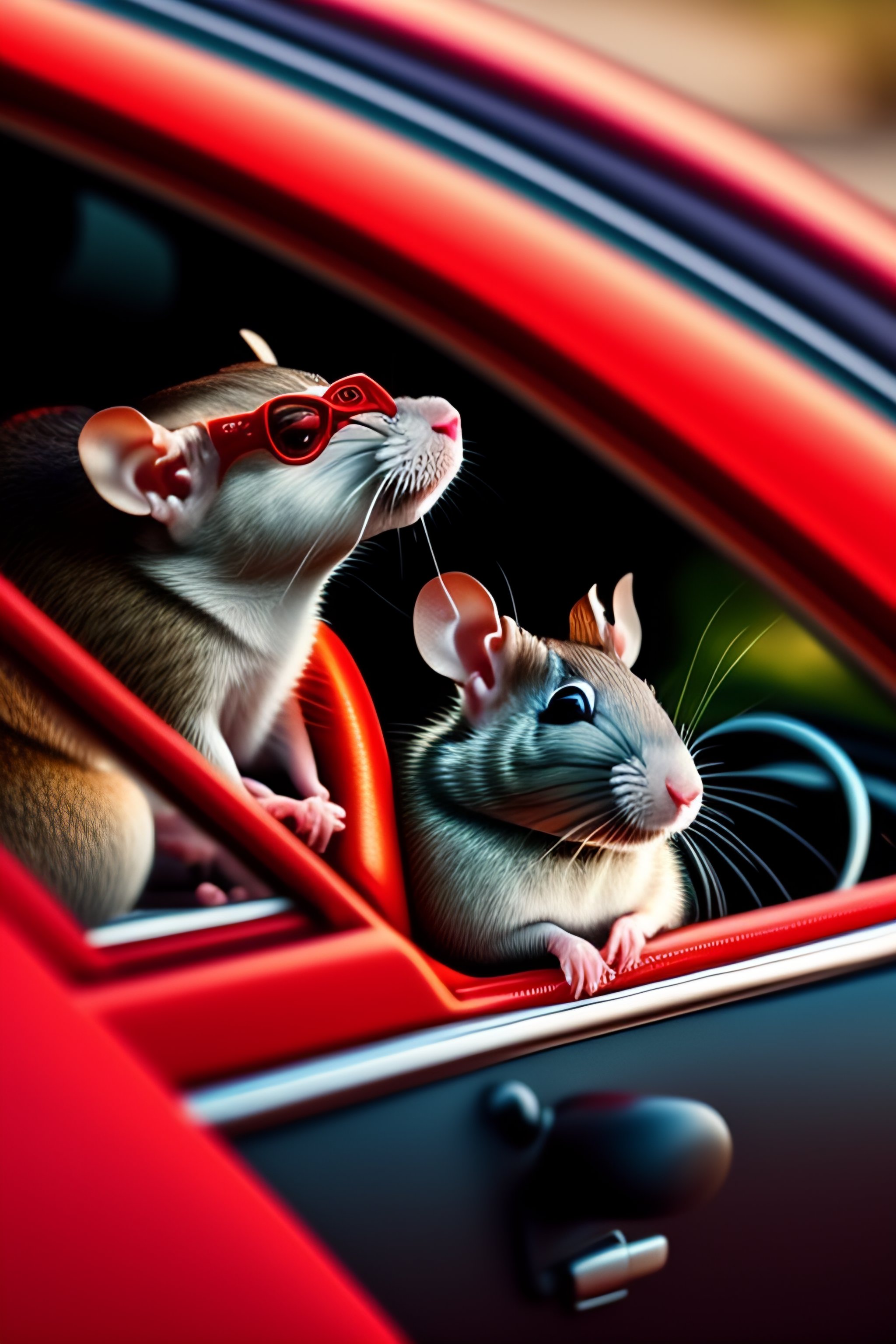 Lexica - A rat drives a red Mercedes, next to him sits a rat lady with ...
