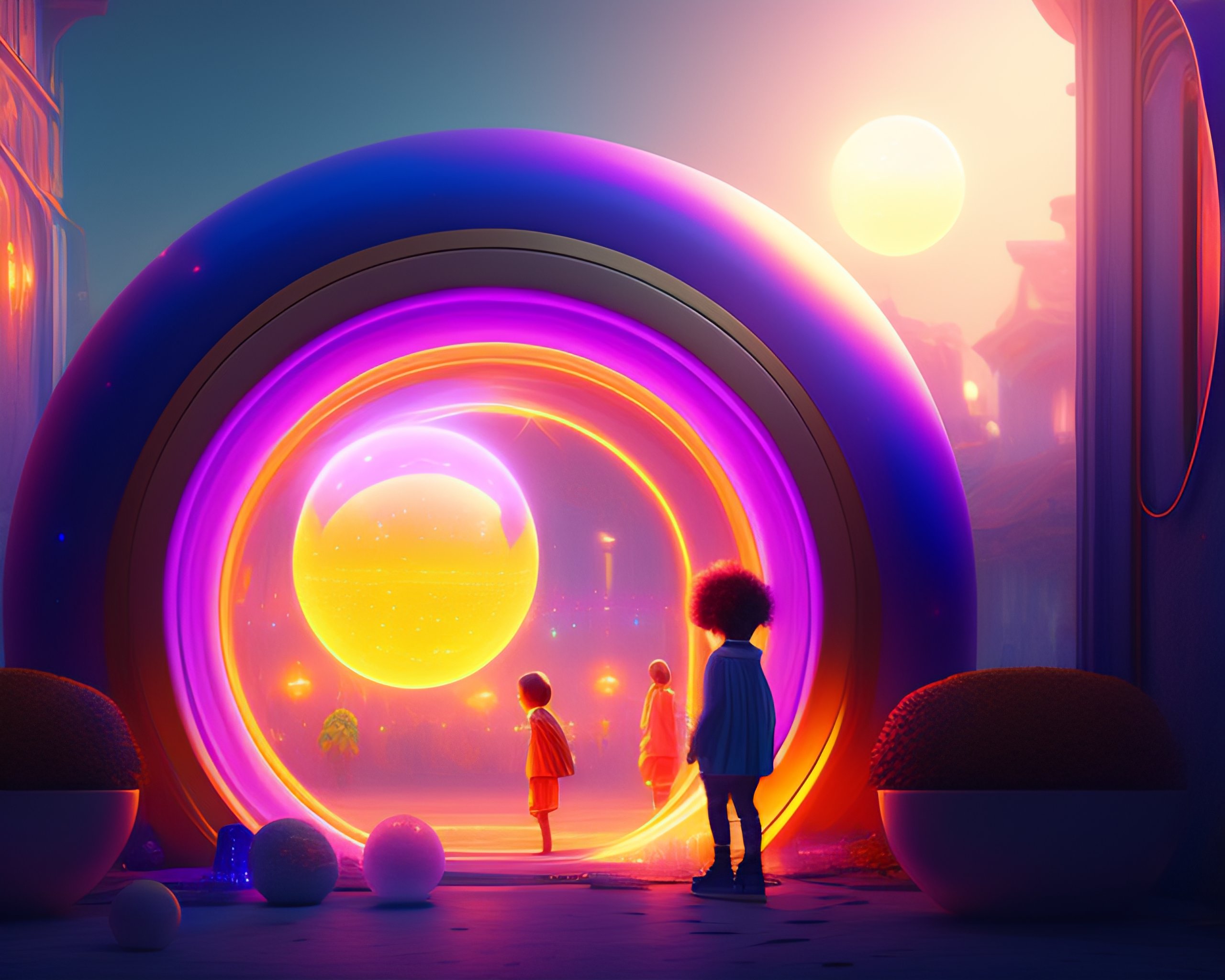 Lexica - A matte painting of children playing with orbs of light in a ...
