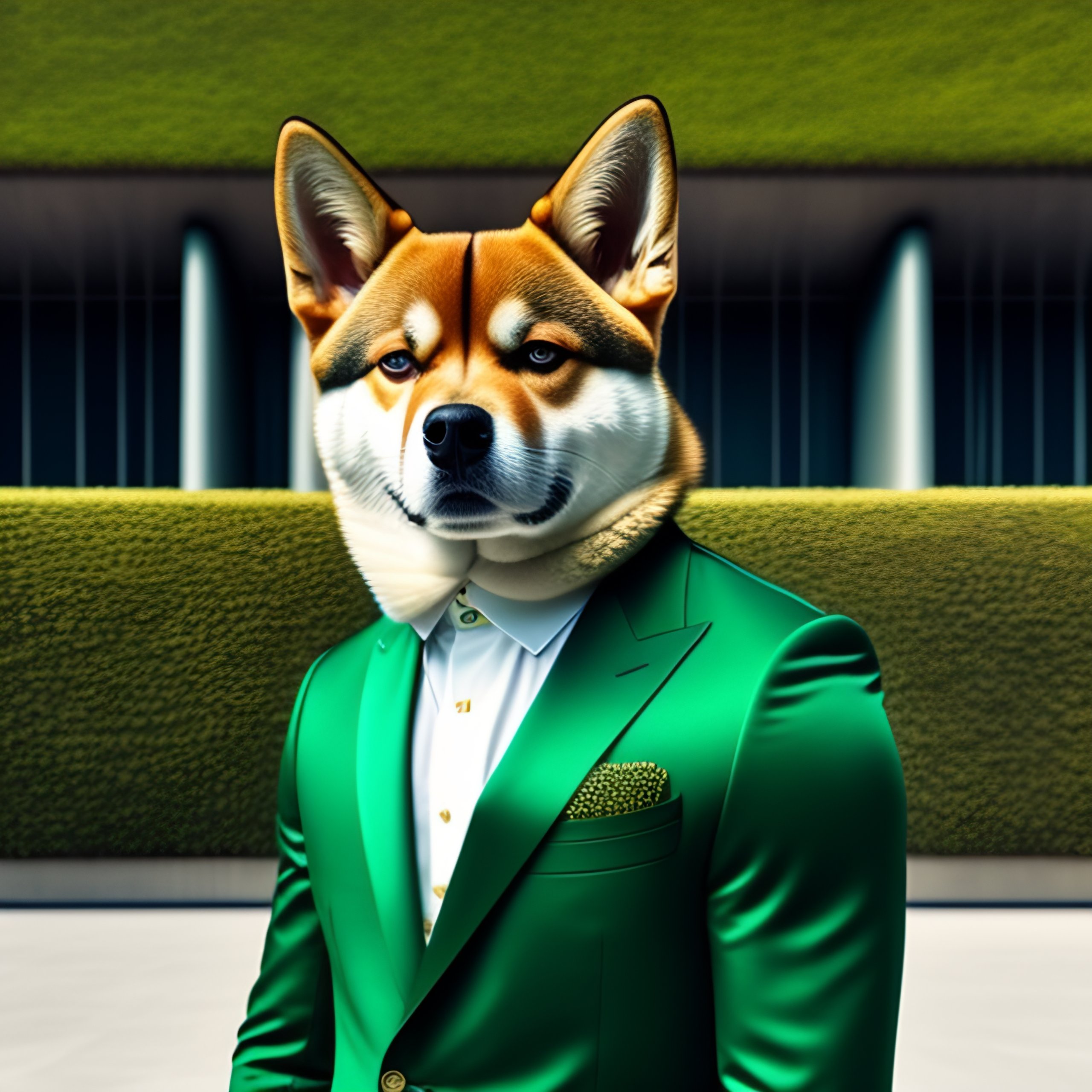 Lexica - Medium Shot of a shiba inu dressed in a fancy green suit ...