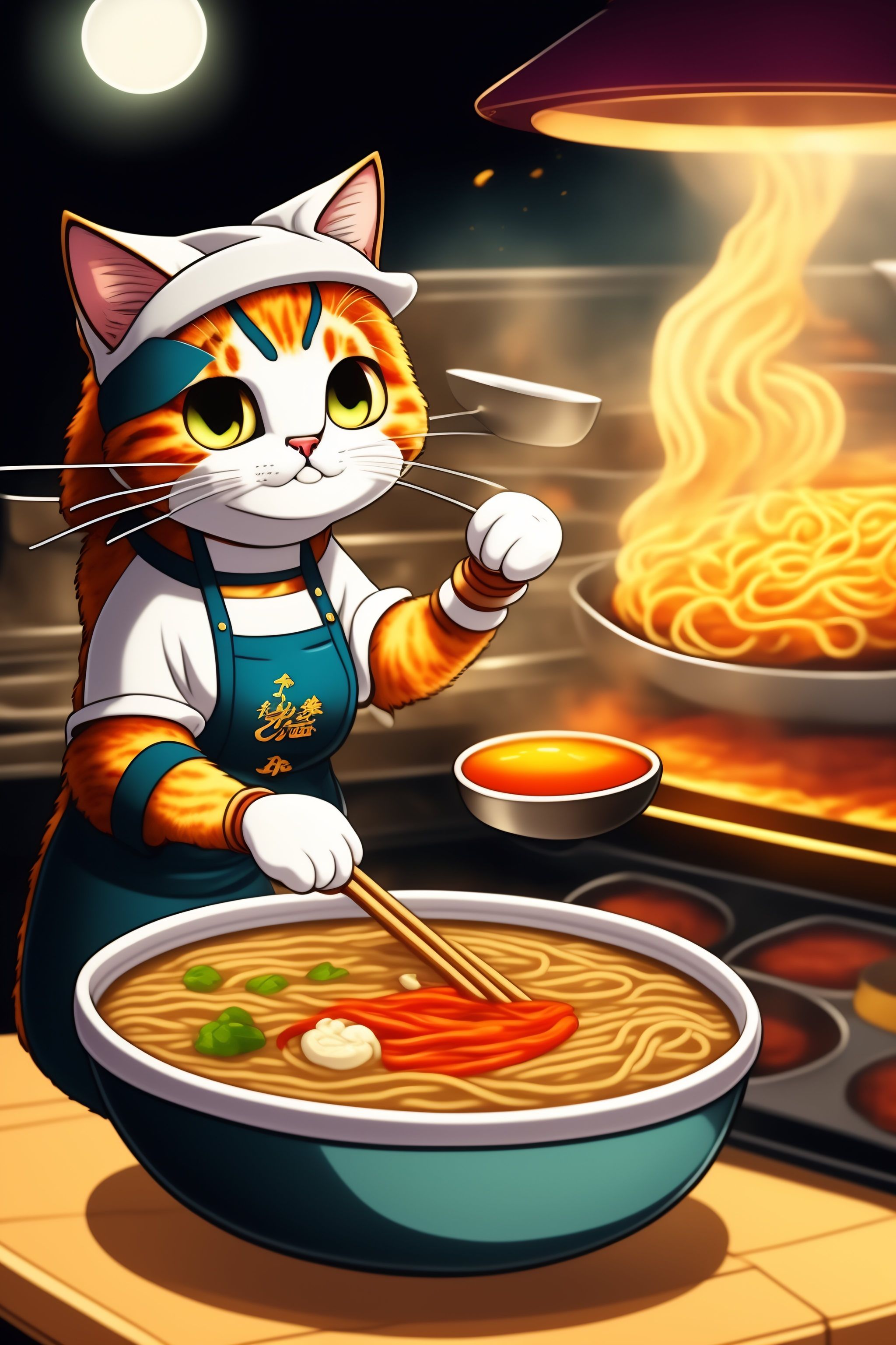 Lexica - Cat chef making ramen, cartoon style, comic style, manga style