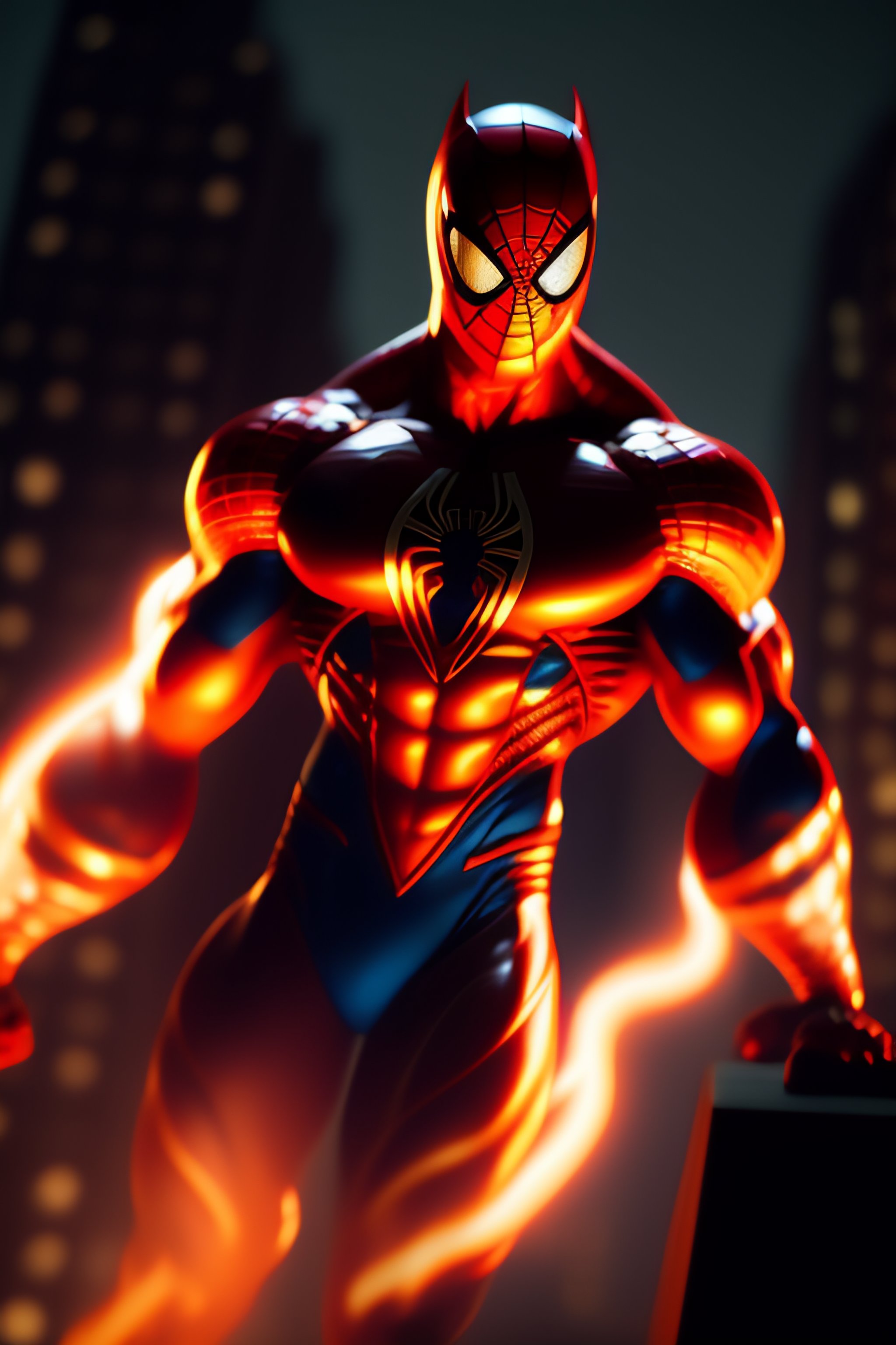 Lexica - Muscular SpiderMan swinging from webs made of fire, lighting ...