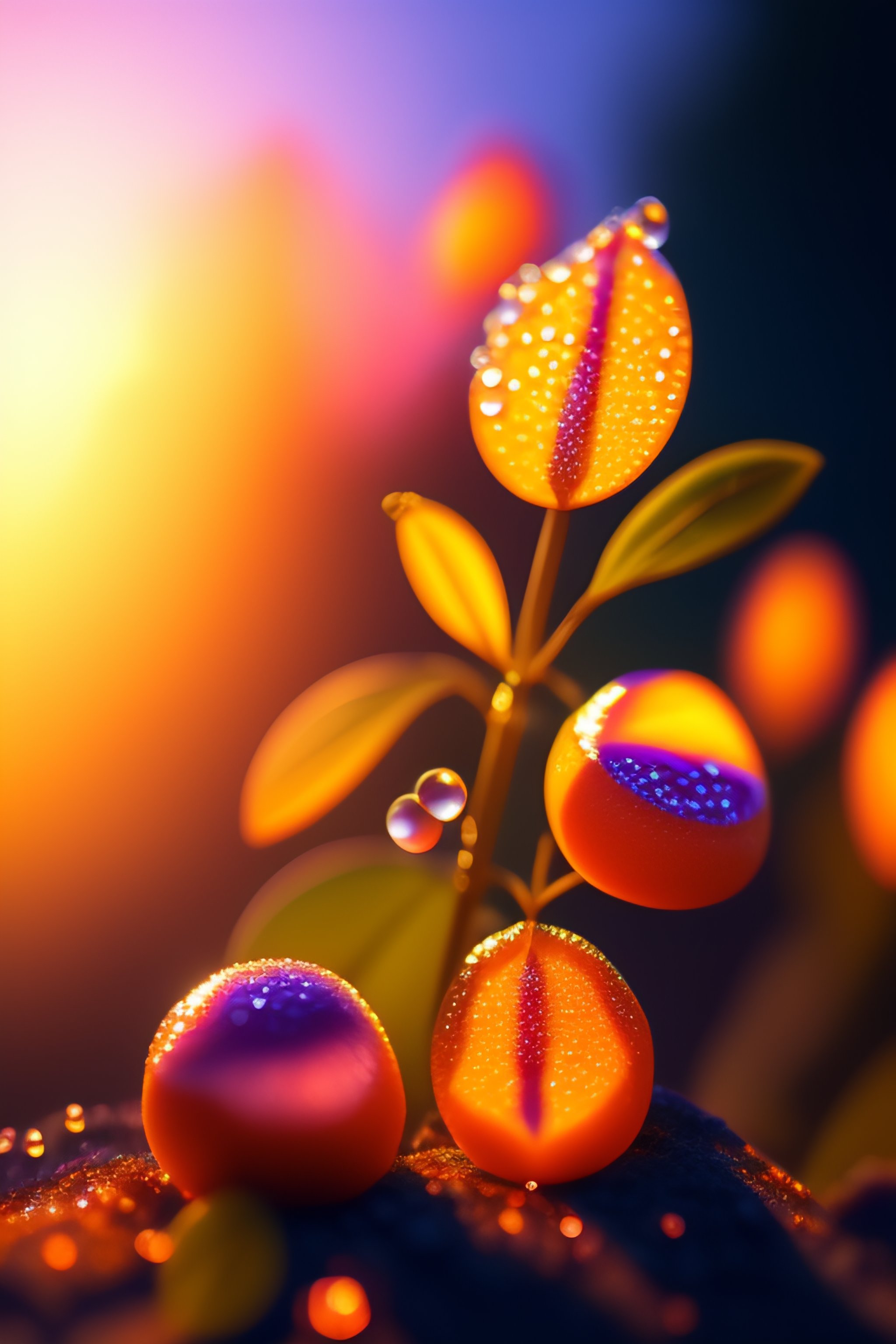 Lexica - Vivid flowers with dew drops, vibrant leaves and stems, golden ...