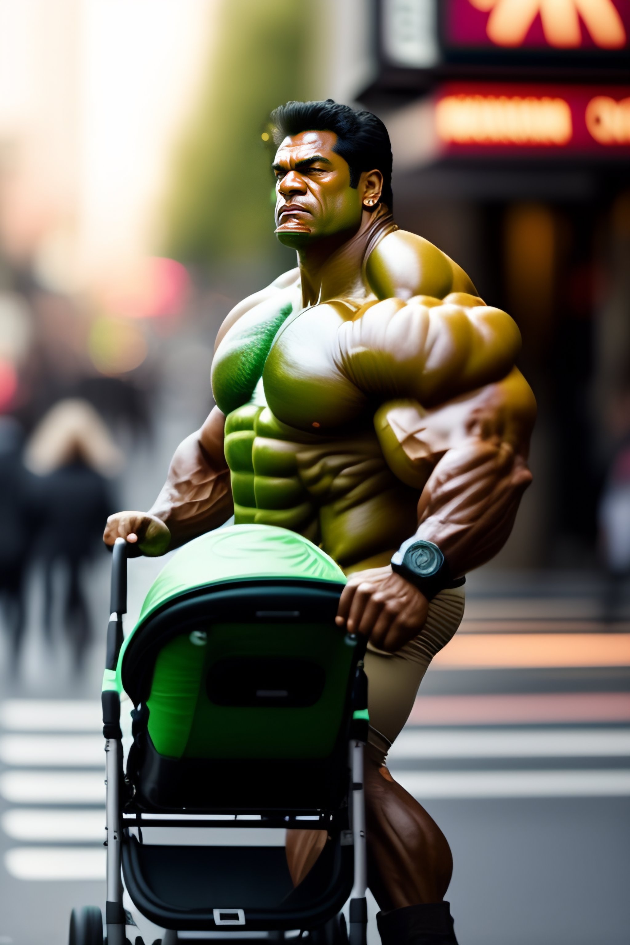 Lexica - The hulk pushing a stroller while holding a latte