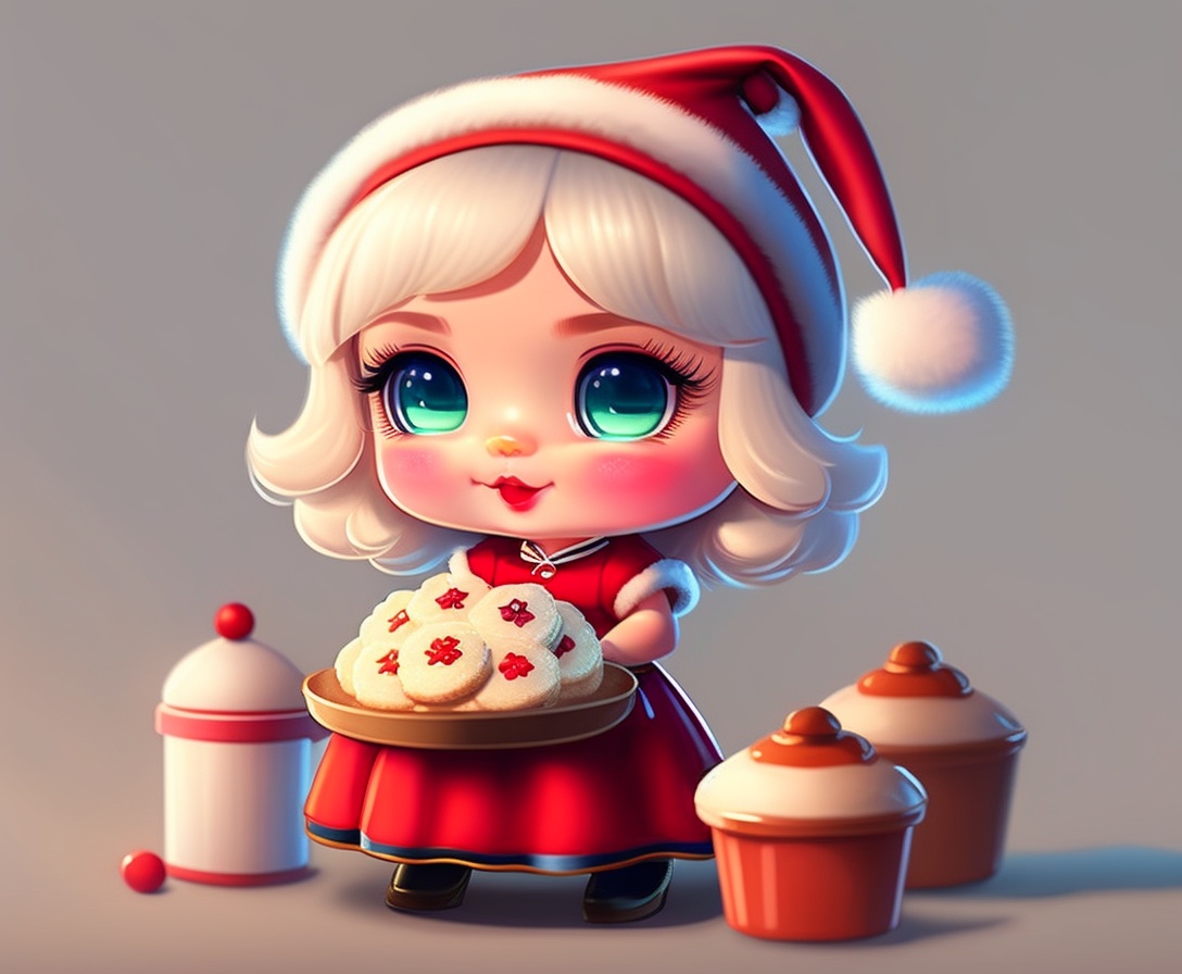 Lexica - Christmas chibi doll w soulful eyes dressed like Mrs. Claus ...