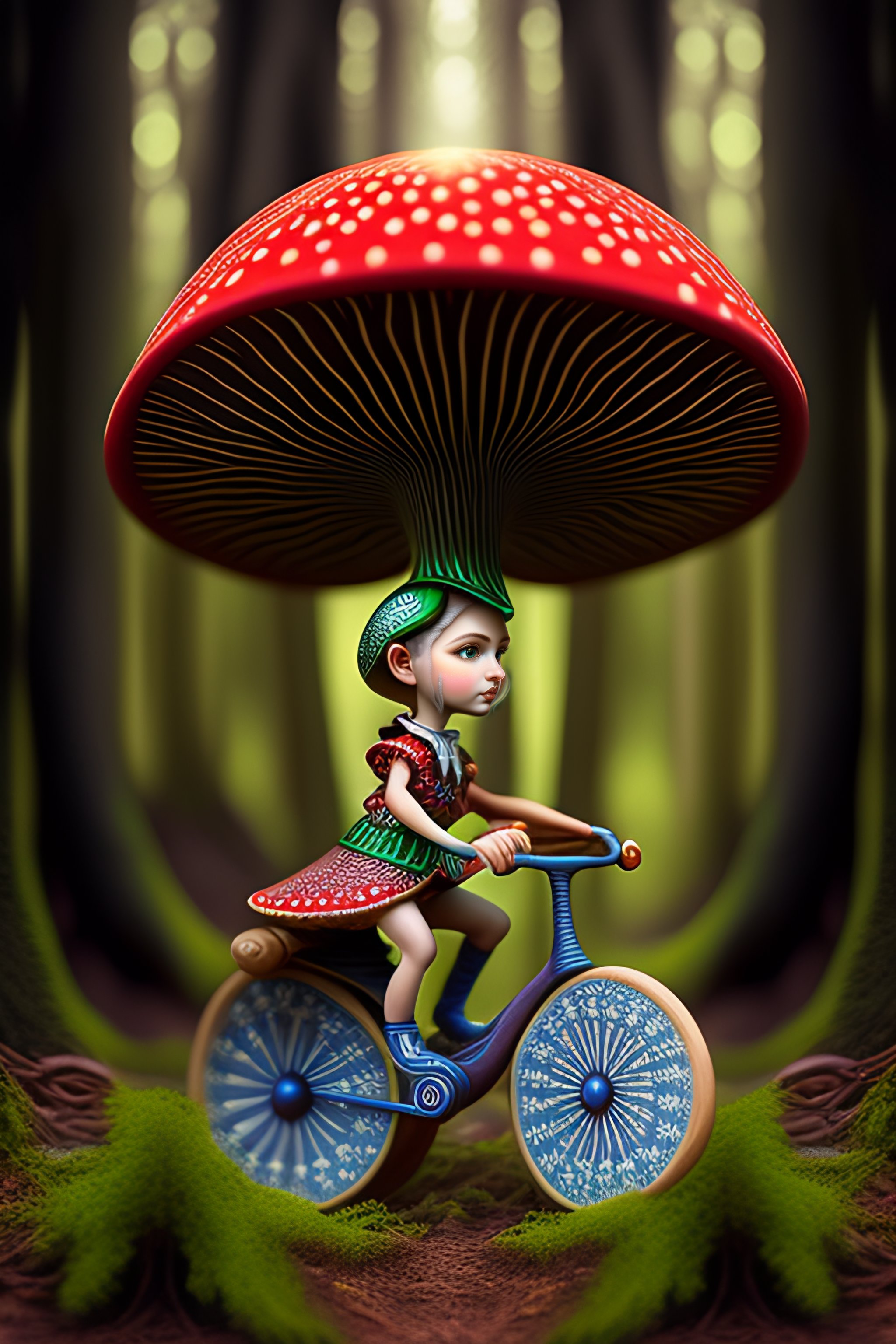 Lexica - Intricate detailed mushroom elf riding bicycle in a dark ...