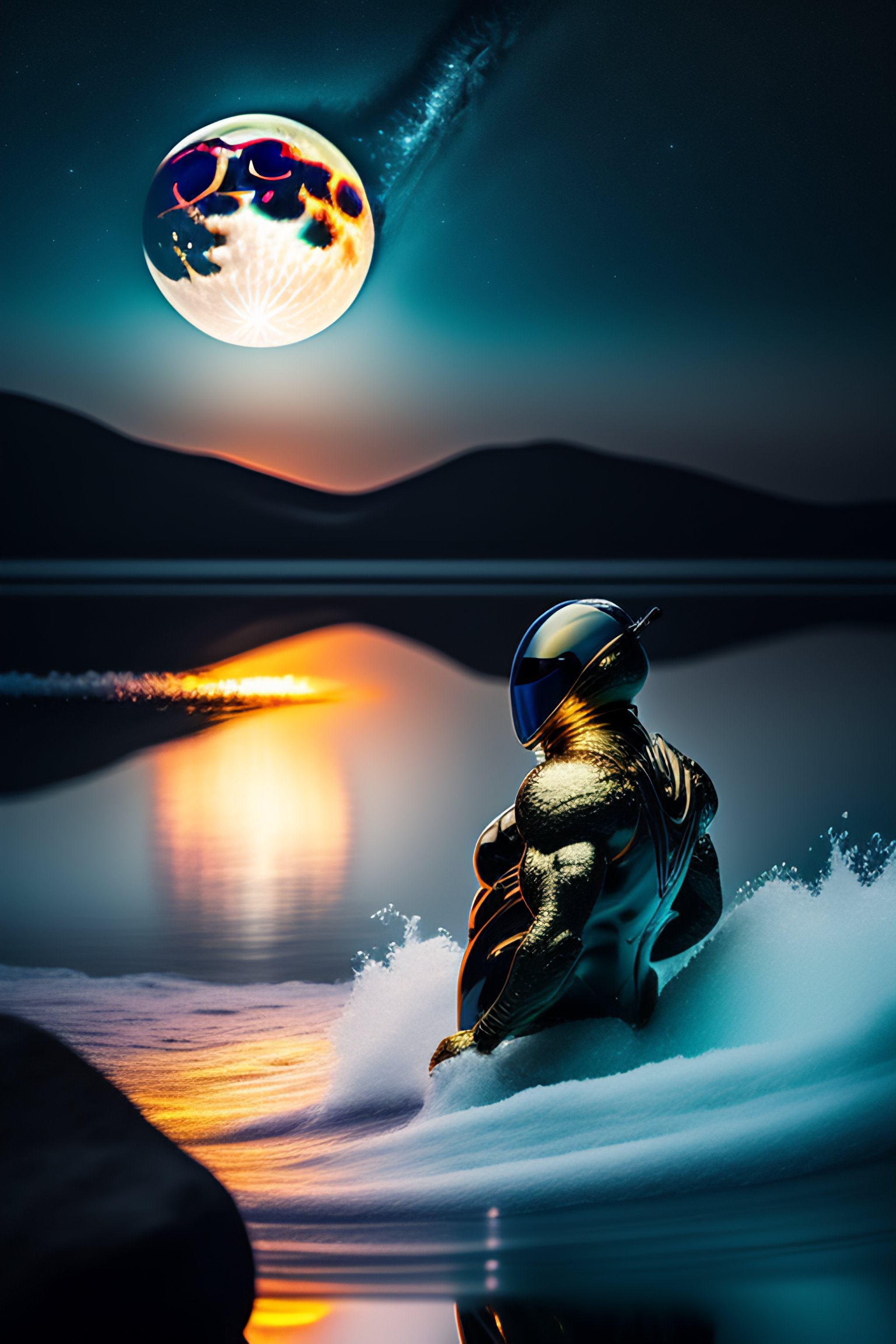 Lexica - Bodybuilder alien swimming through molten lead on the moon