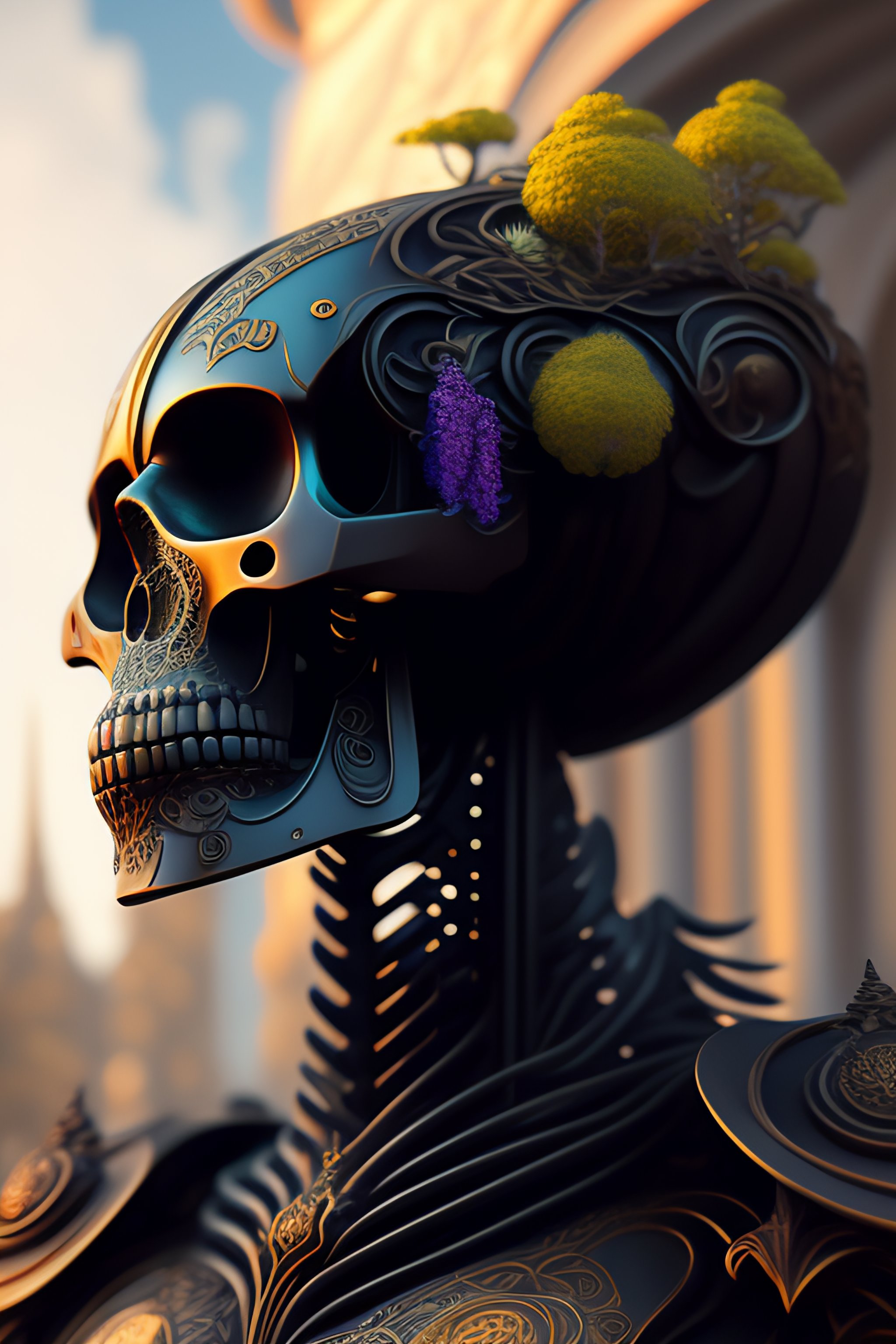 Lexica - A carved overgrown statue of a skelleton, robot, extremly ...