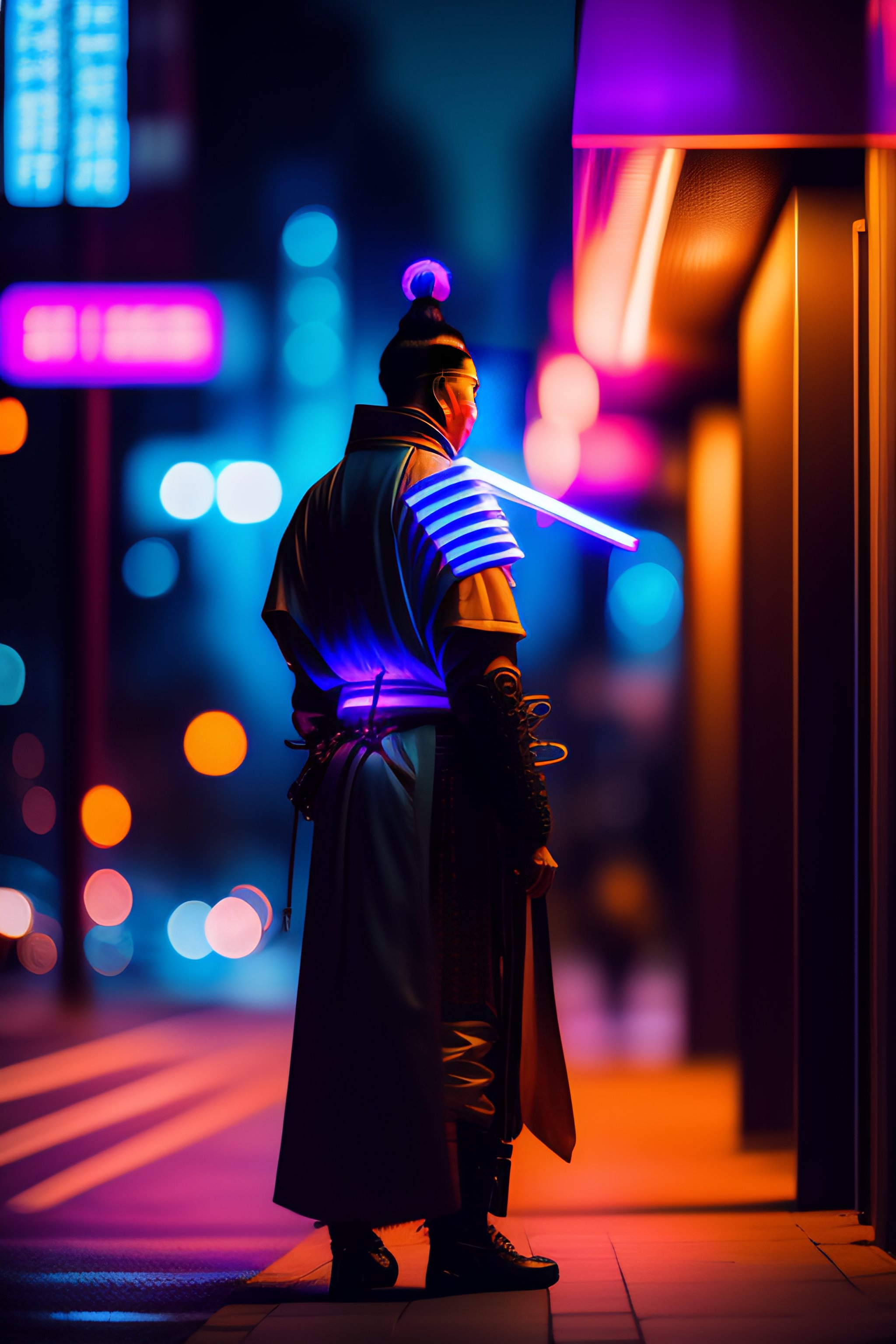 Lexica - Slow shutter speed photo of a cyberpunk samurai with neon ...