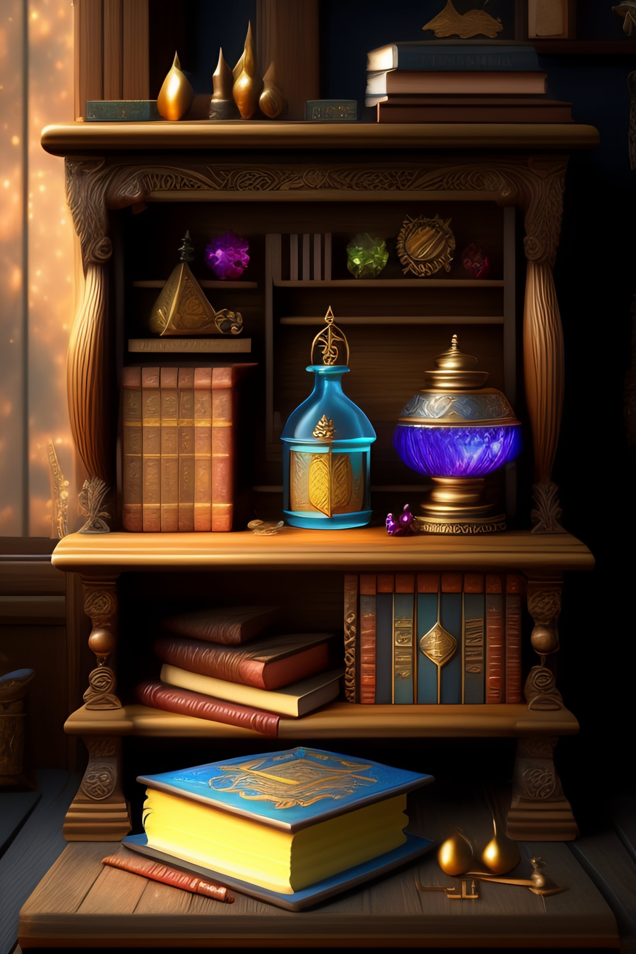 Lexica - Fantasy wizard's work table with magical artifacts, snining ...