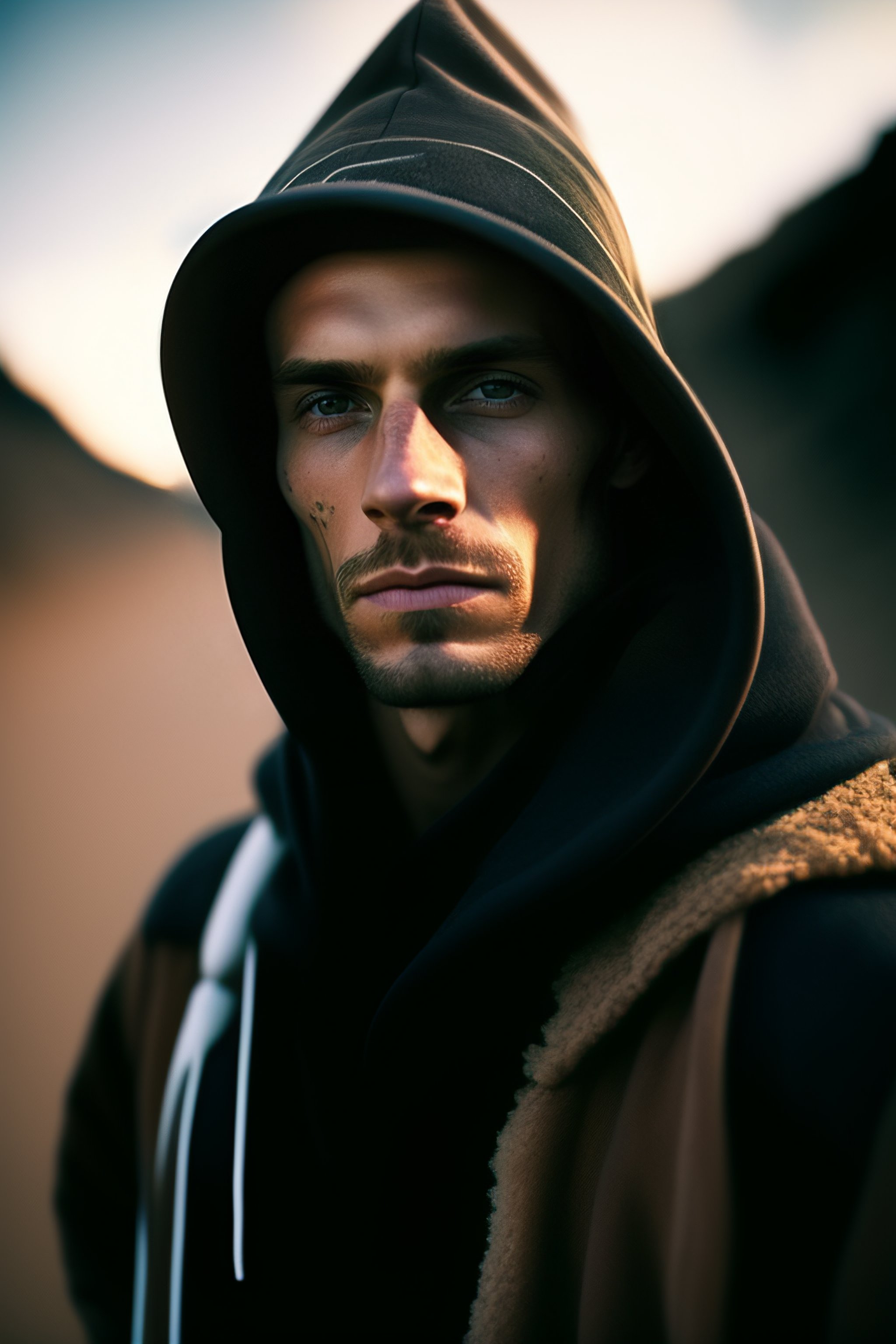 Lexica - Vertical film shot, junkie guy, wearing a hoodie on his head ...