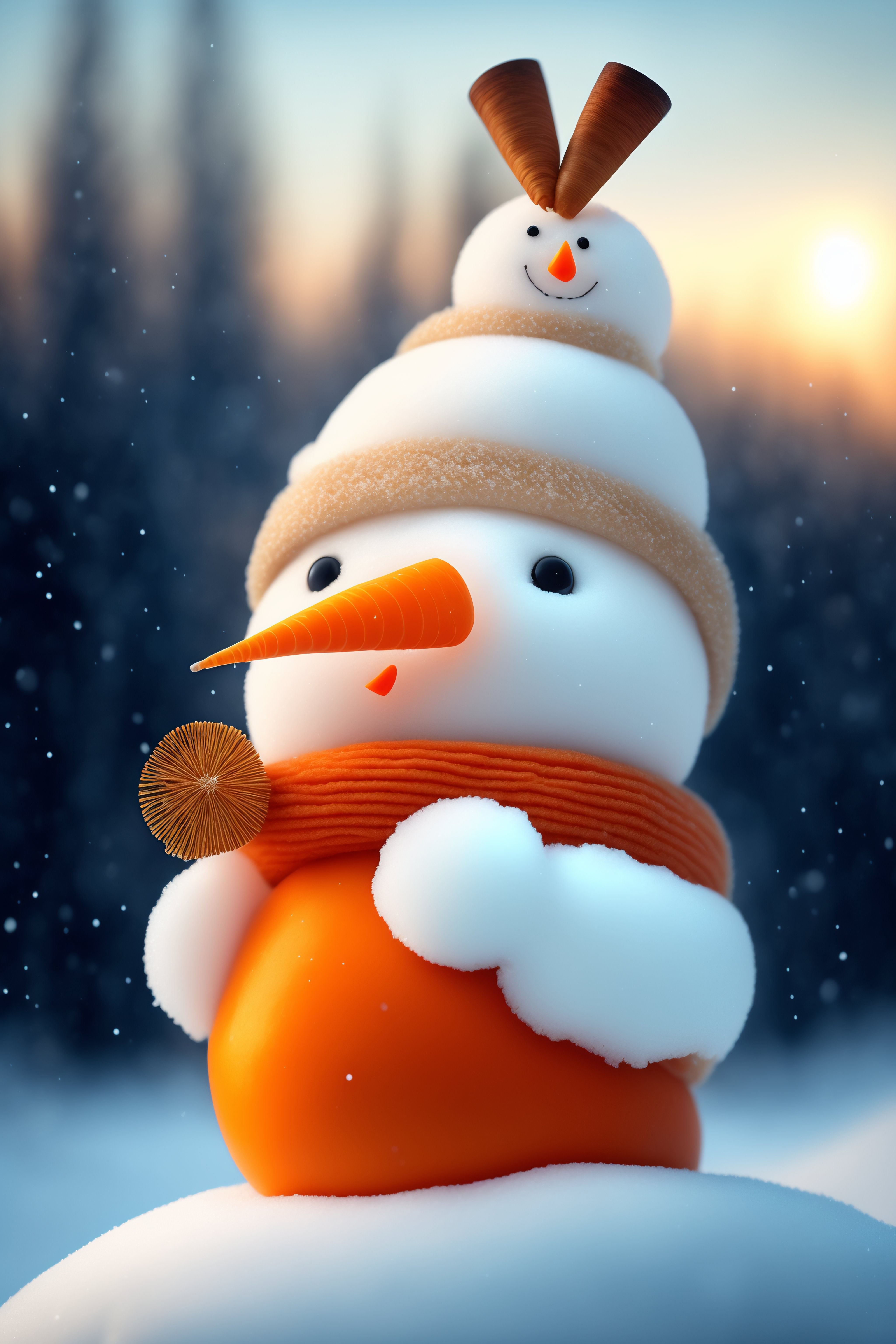 Lexica - Cute amazing photo of a realistic snowman and carrot nose