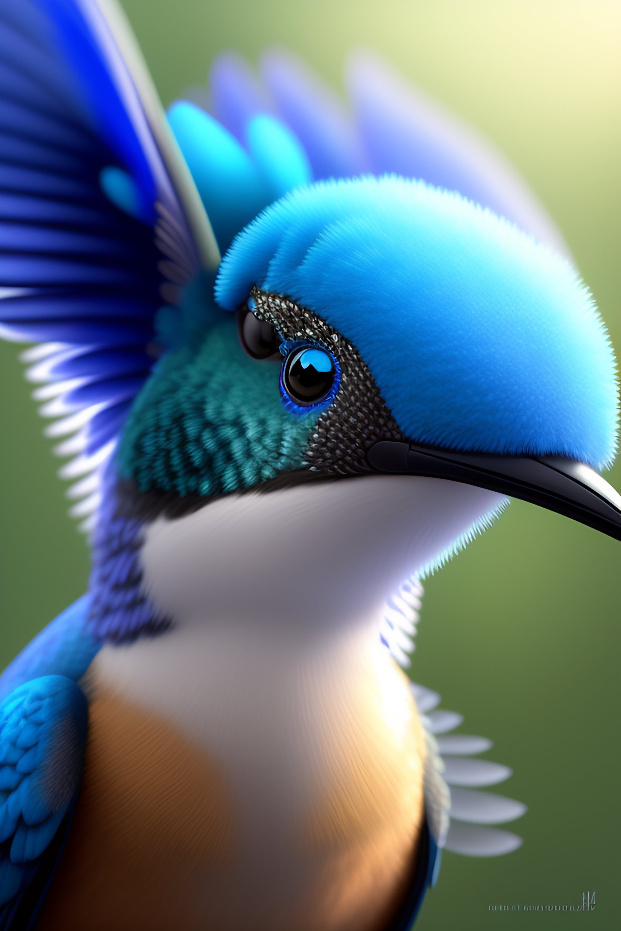 Lexica - Cute small fluffy blue hummingbird, big smile, one feather up ...