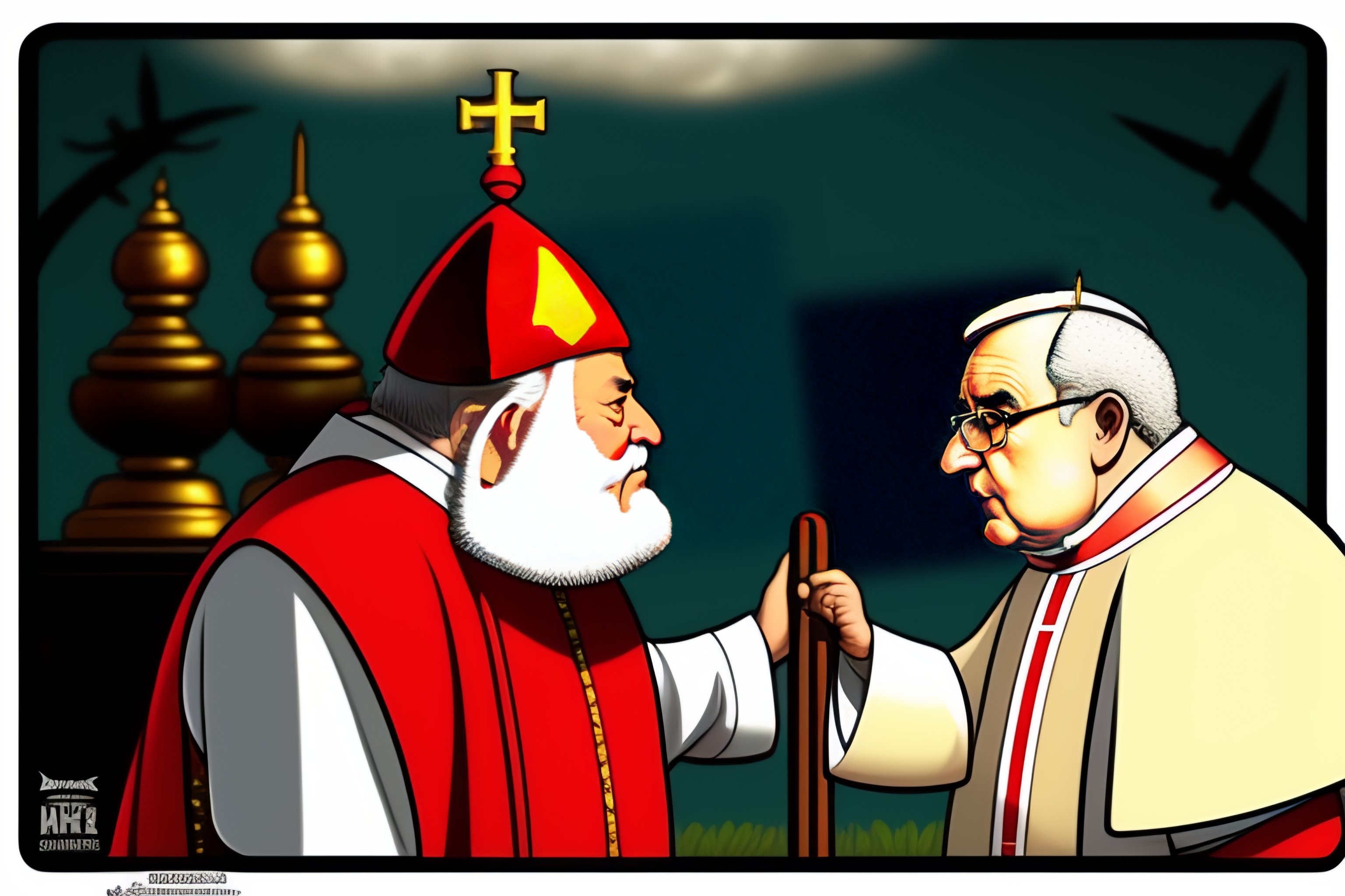 Lexica - Pope Benoit XVI fighting skulls in cartoon style