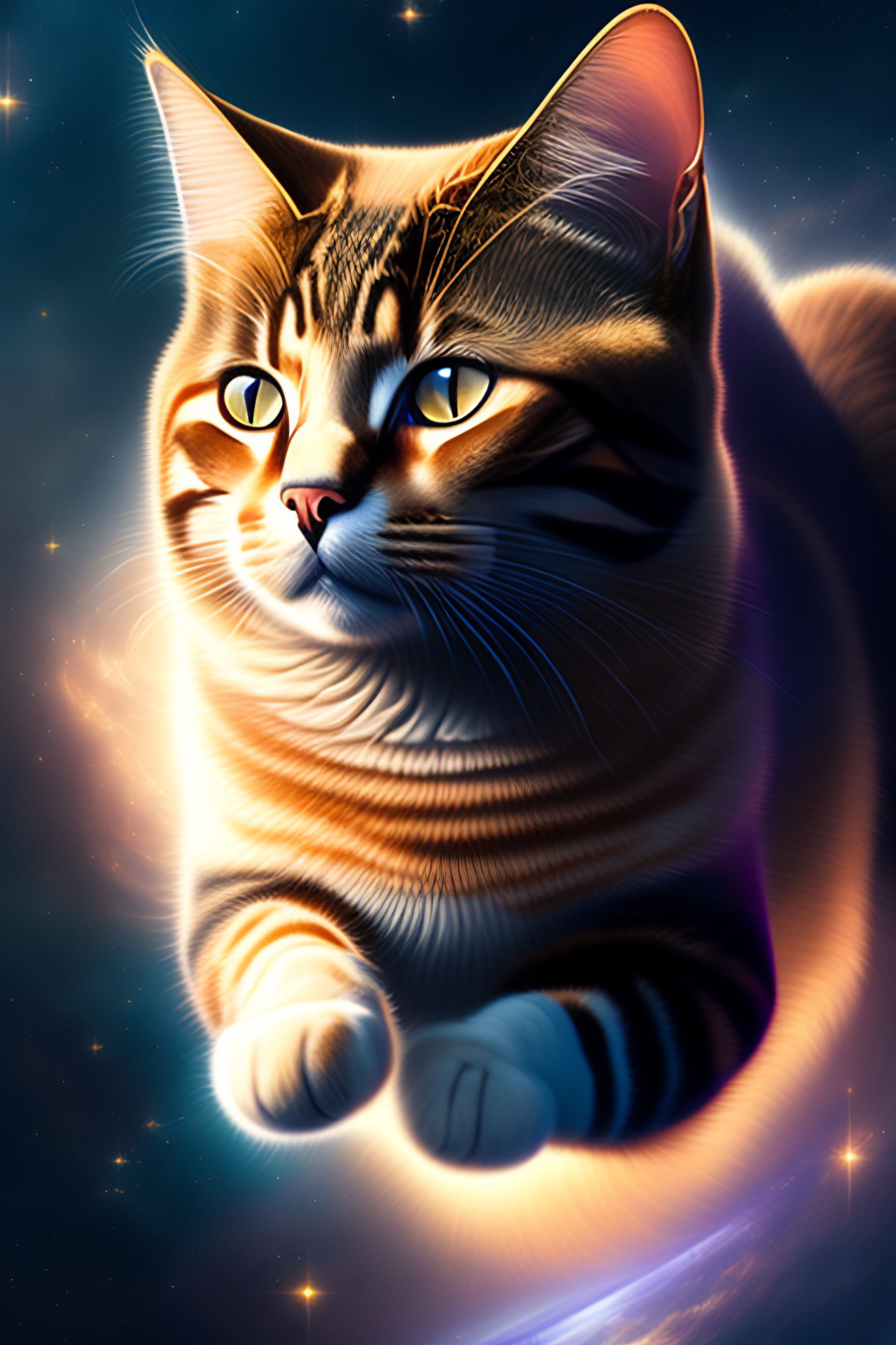 Lexica - Realistic image of a cat meditating and flying through space