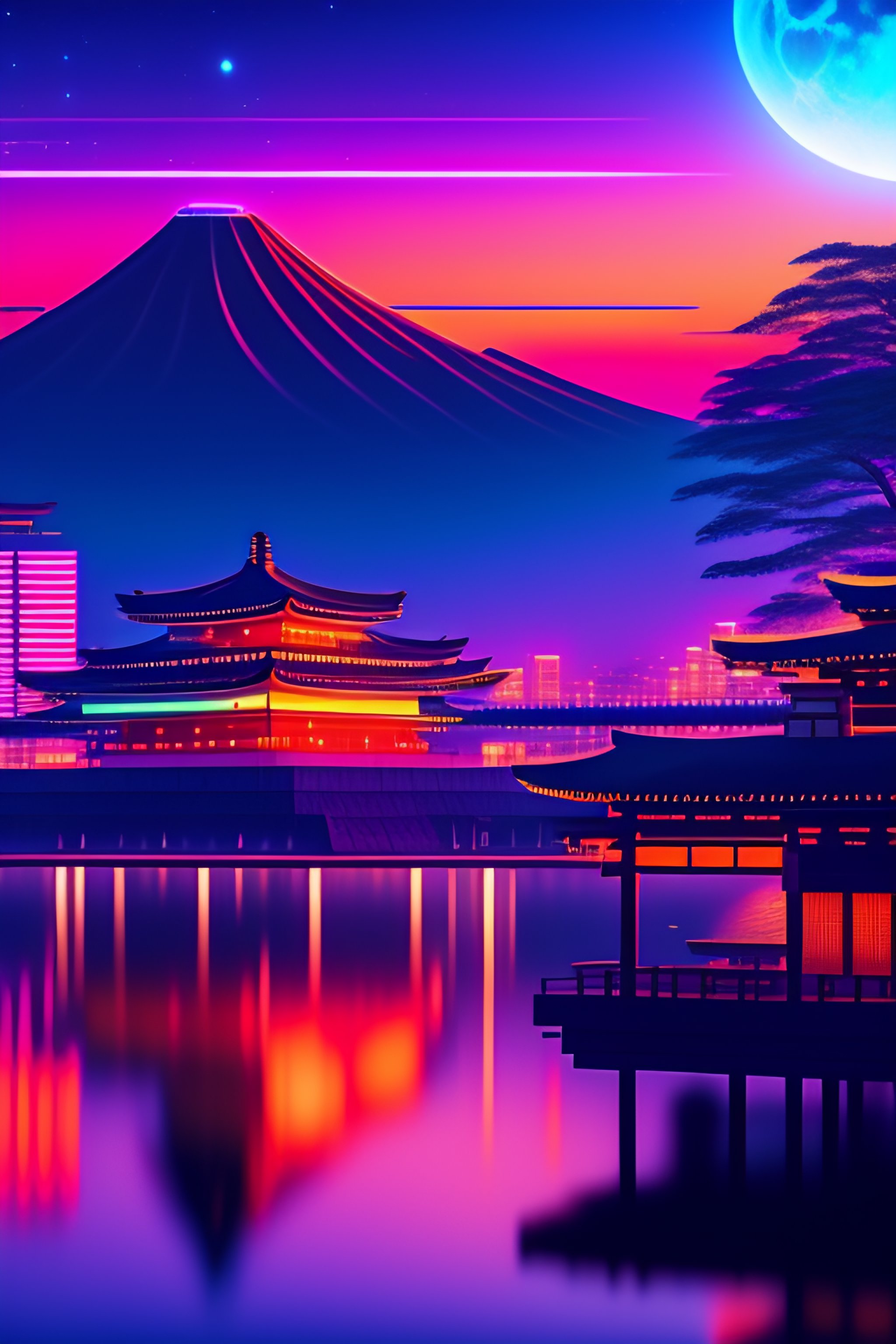Lexica - Synthwave japanese town with moon background, sharp focus, 8 k ...