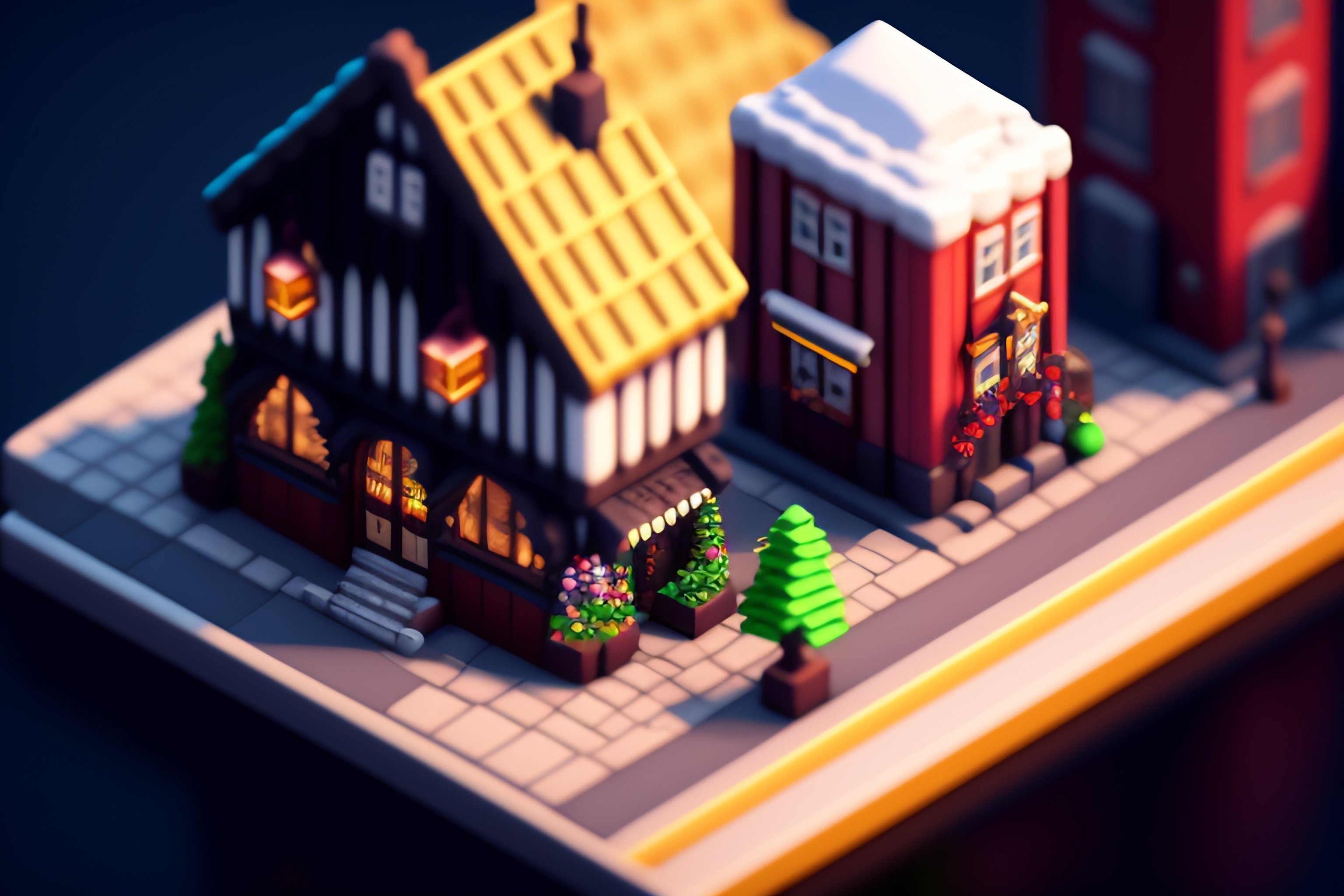 Lexica - Isometric norwegian town, unreal engine voxel render, pixel art