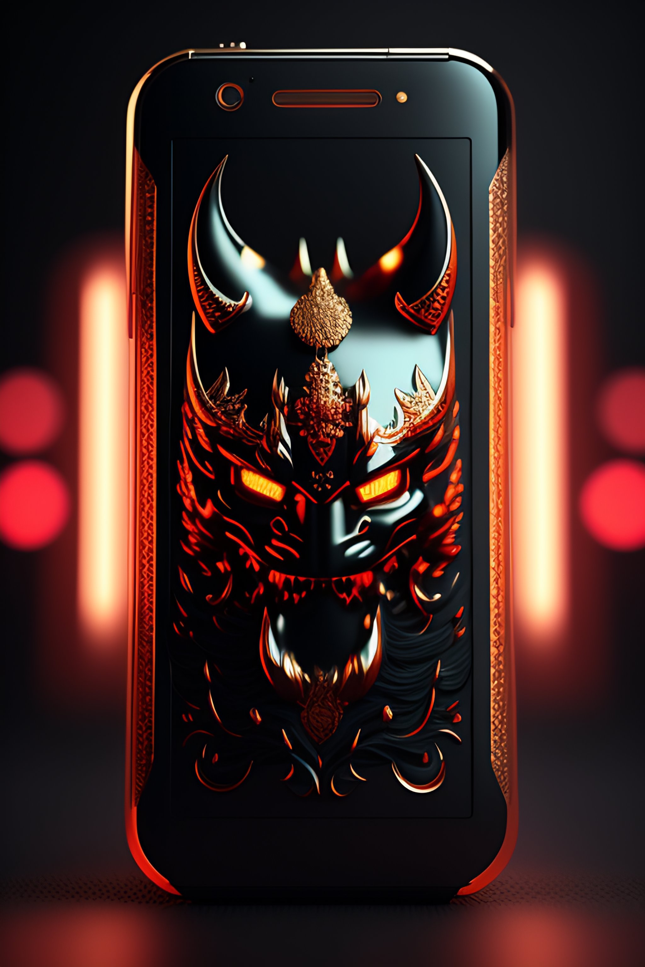 Lexica - A mobile phone with a Japanese demon pattern, centred, night ...