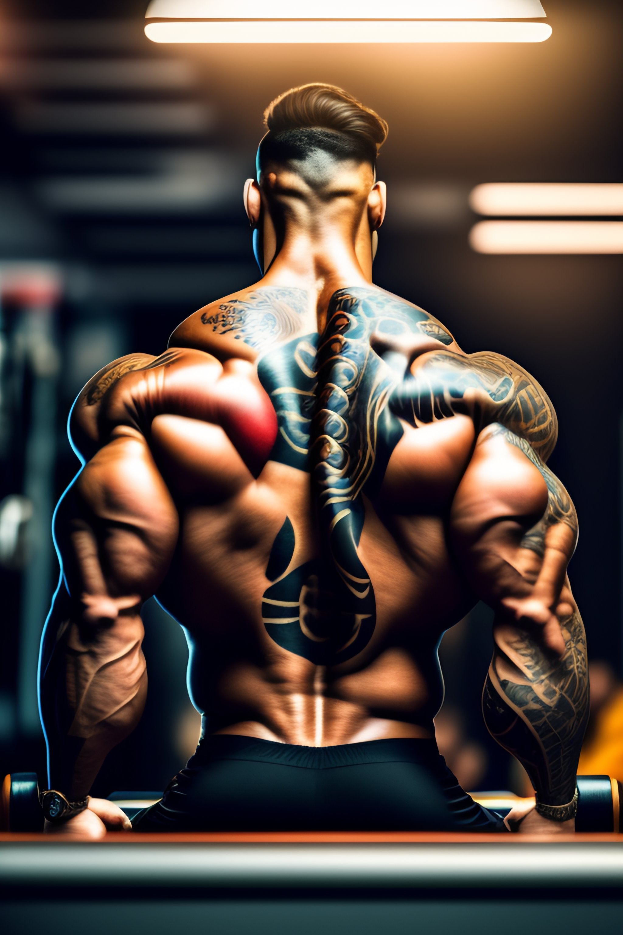 Lexica - Tattooed bodybuilder sitting behind a desk seen from behind