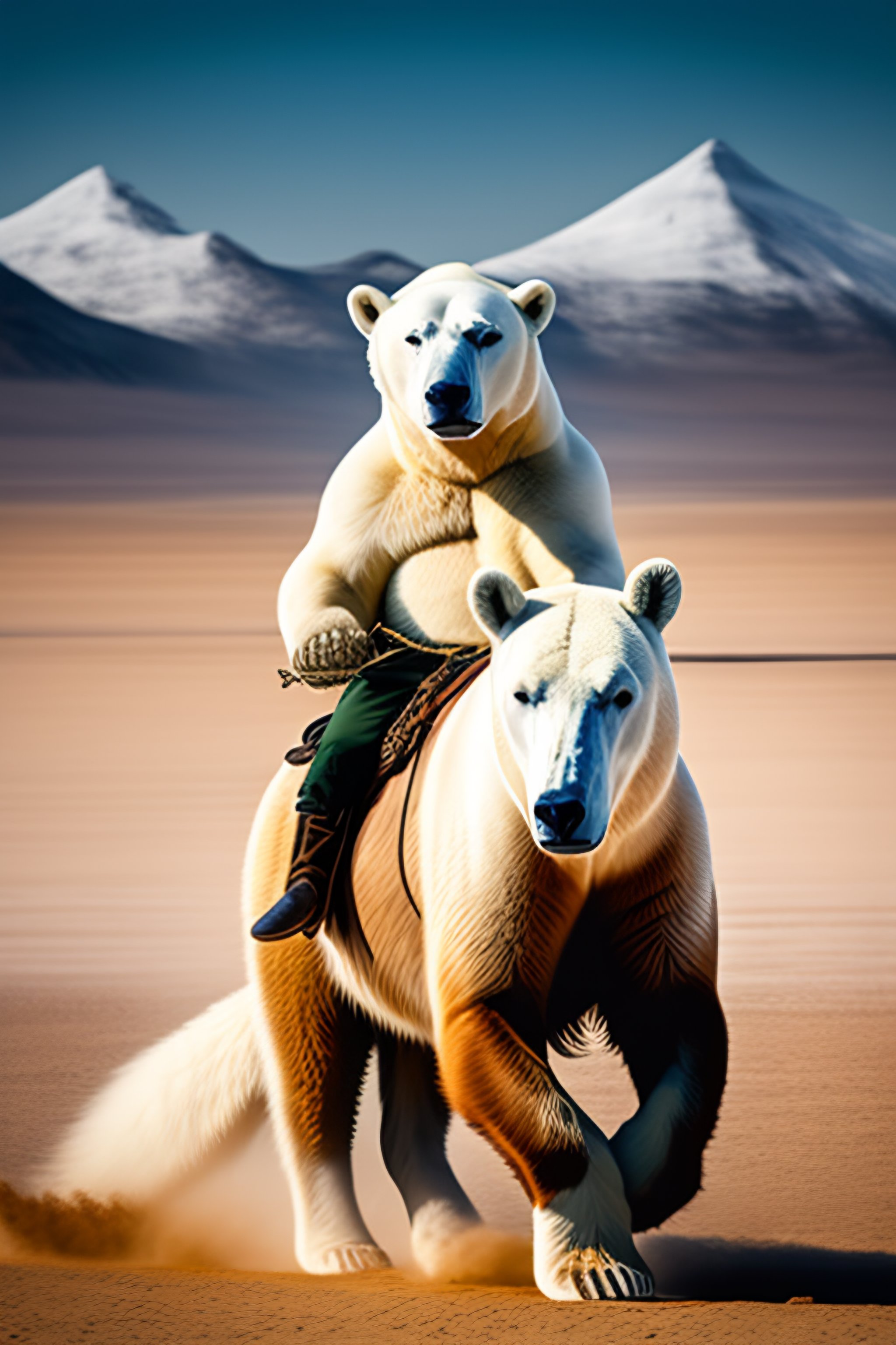 Lexica - Polar bear riding on a large horse in the wild wild west.
