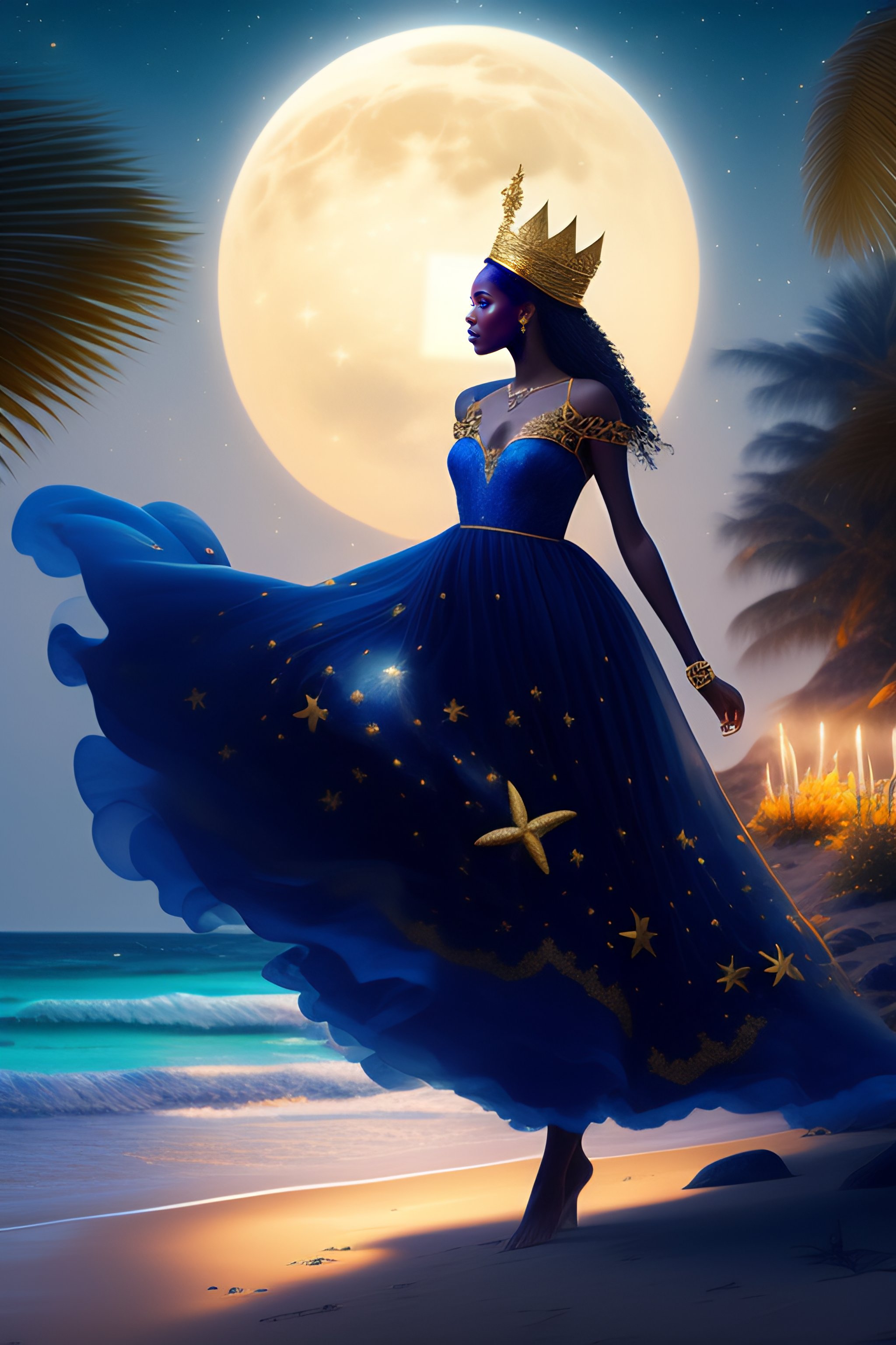 Lexica - Beautiful black princess wearing blue dress with gold crown ...