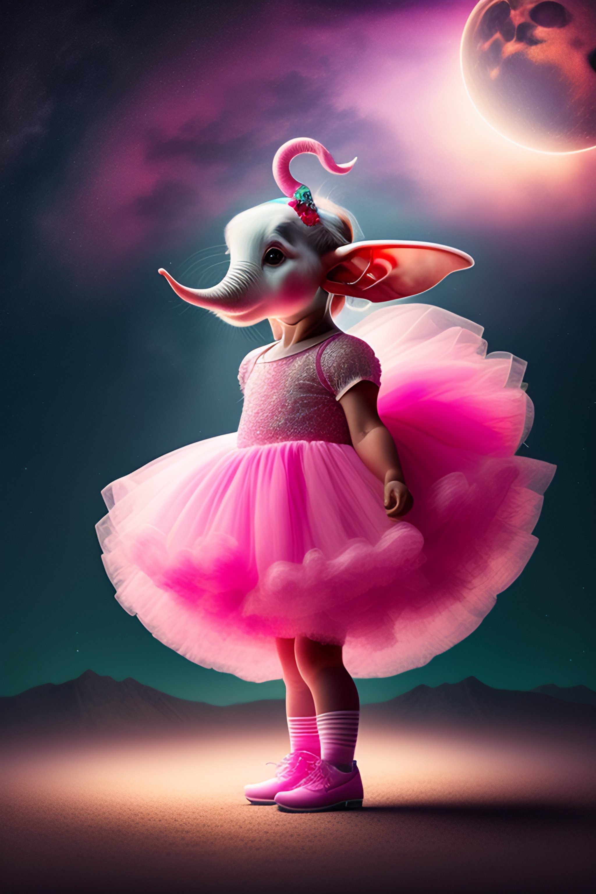 Lexica - Portrait of Dumbo with a pink tutu dancing under the moon