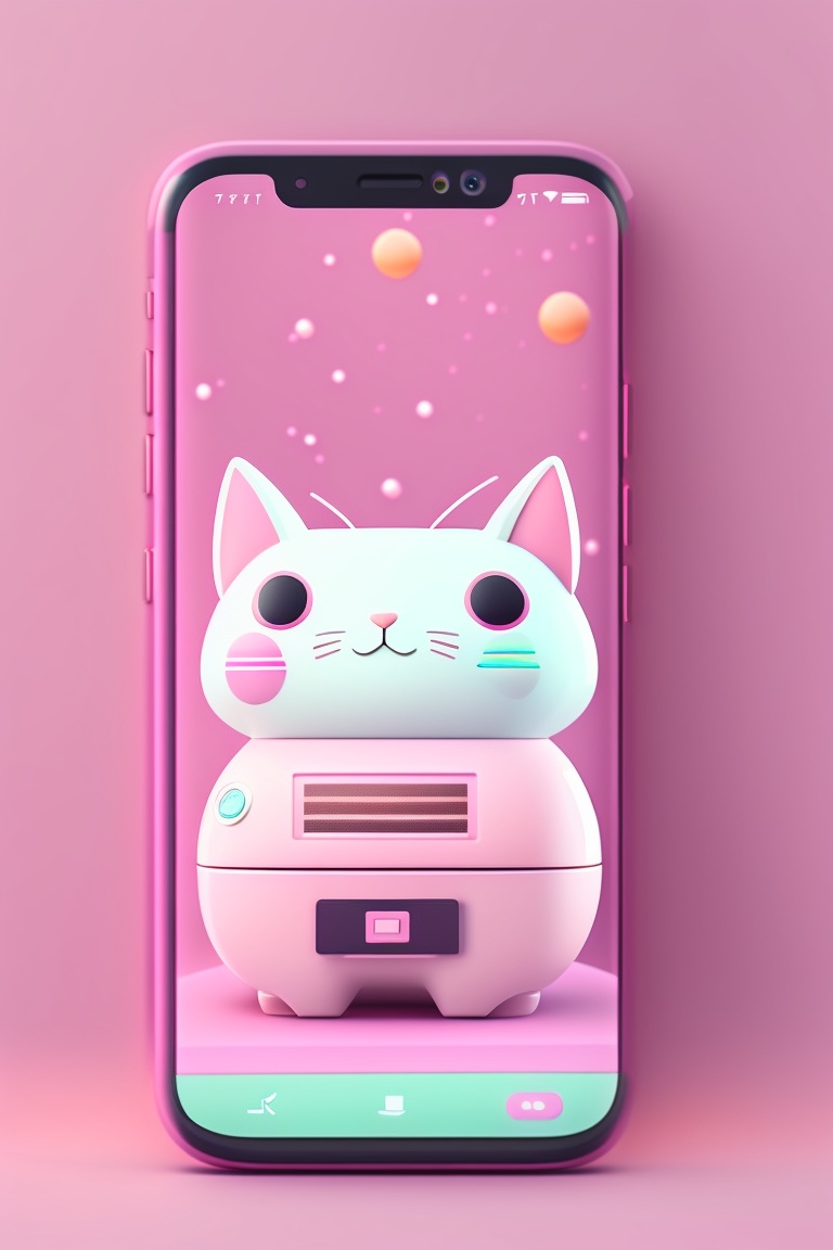 Lexica - Soft Pink cat robot working on a smartphone, office background