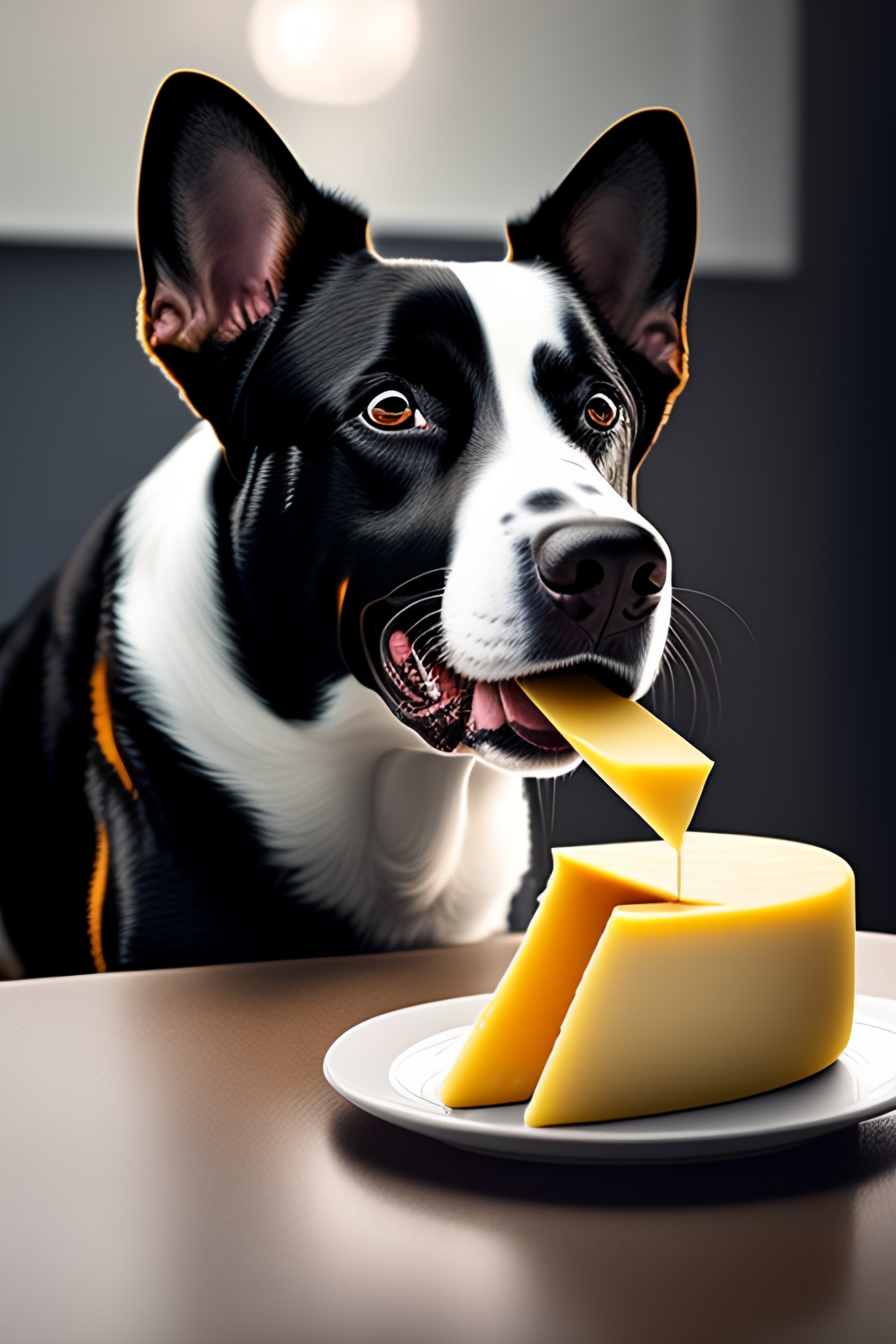 Lexica - A dog eating cheese black and white