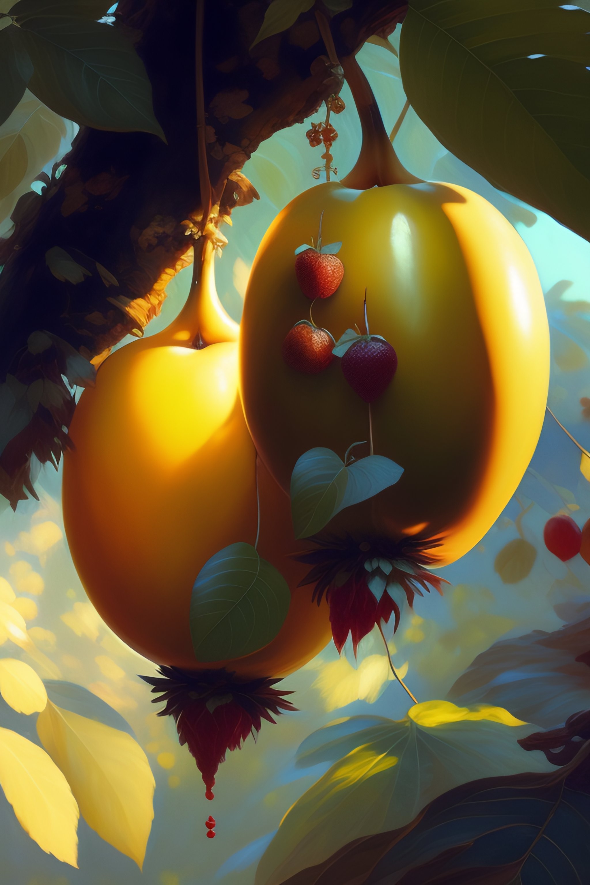 Lexica - A man hanging upside-down like a fruit from a tree branch by tsuyoshi nagano, greg ...