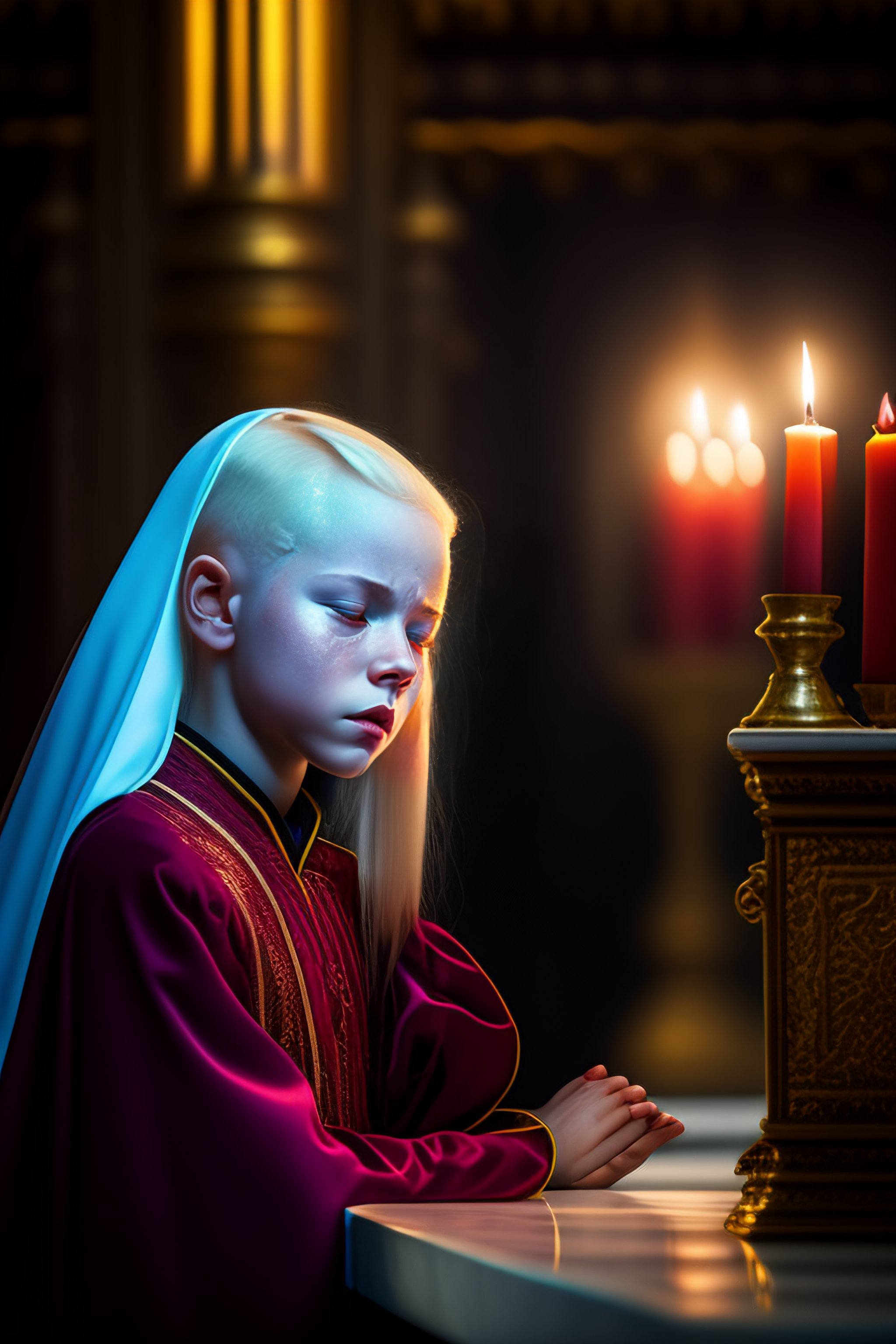 Lexica - 12 years old crying albino vampire female in a temple sitting ...