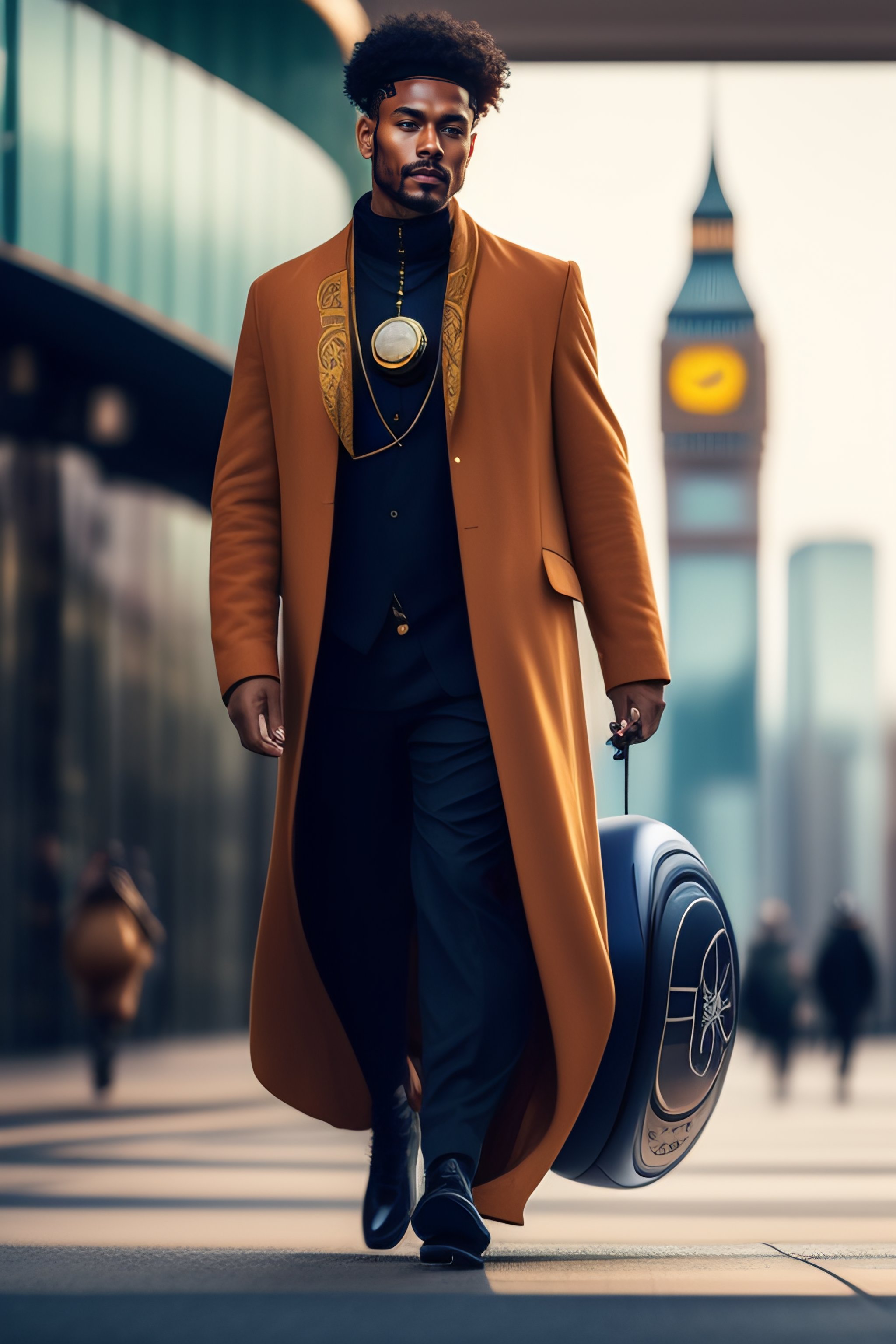 Lexica - Man dress in solarpunk attire commuting on a flying hoverboard ...