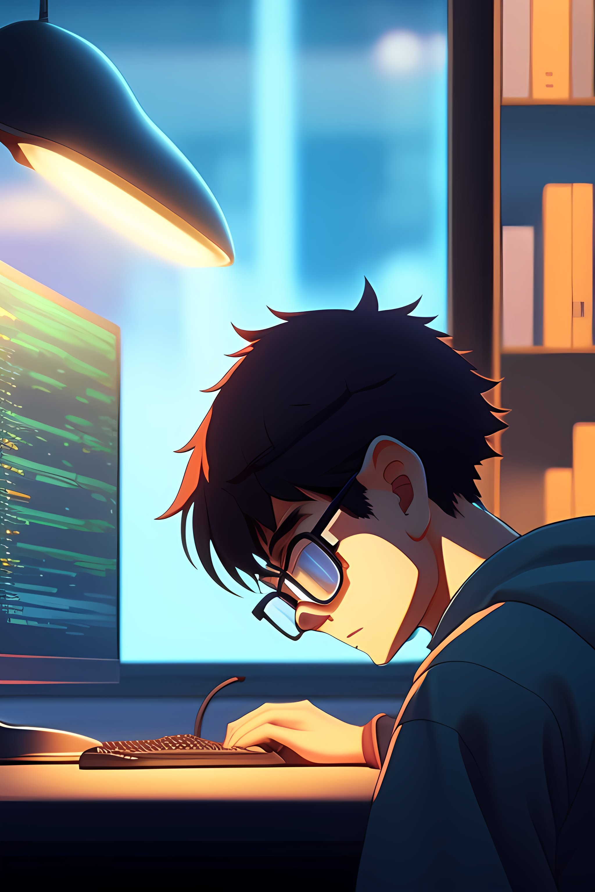 Lexica - A nerdy boy is programming at a computer in a room full of ...