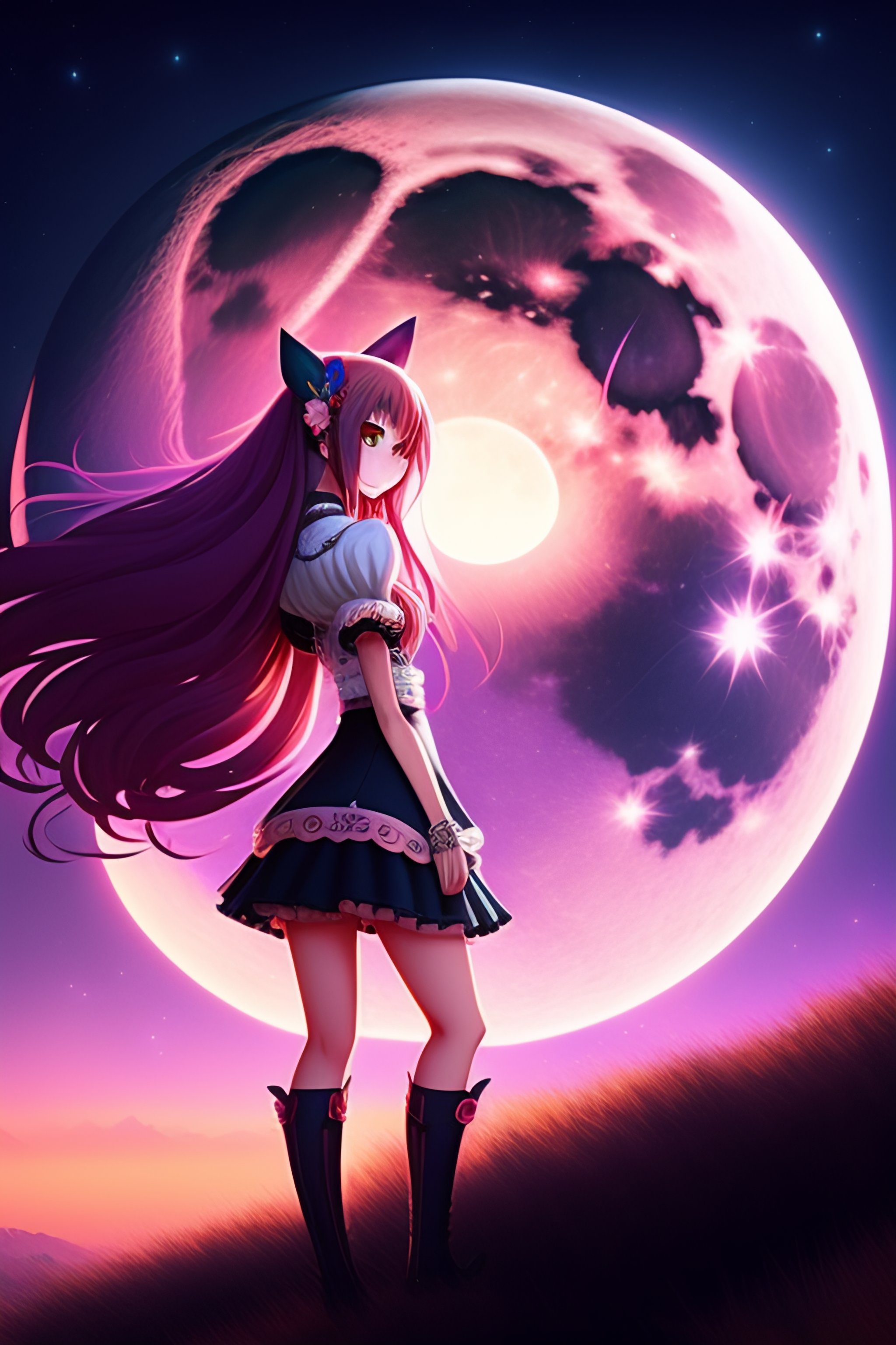 Lexica - Full moon, pink moon, anime, anime girl, long hair, view in ...