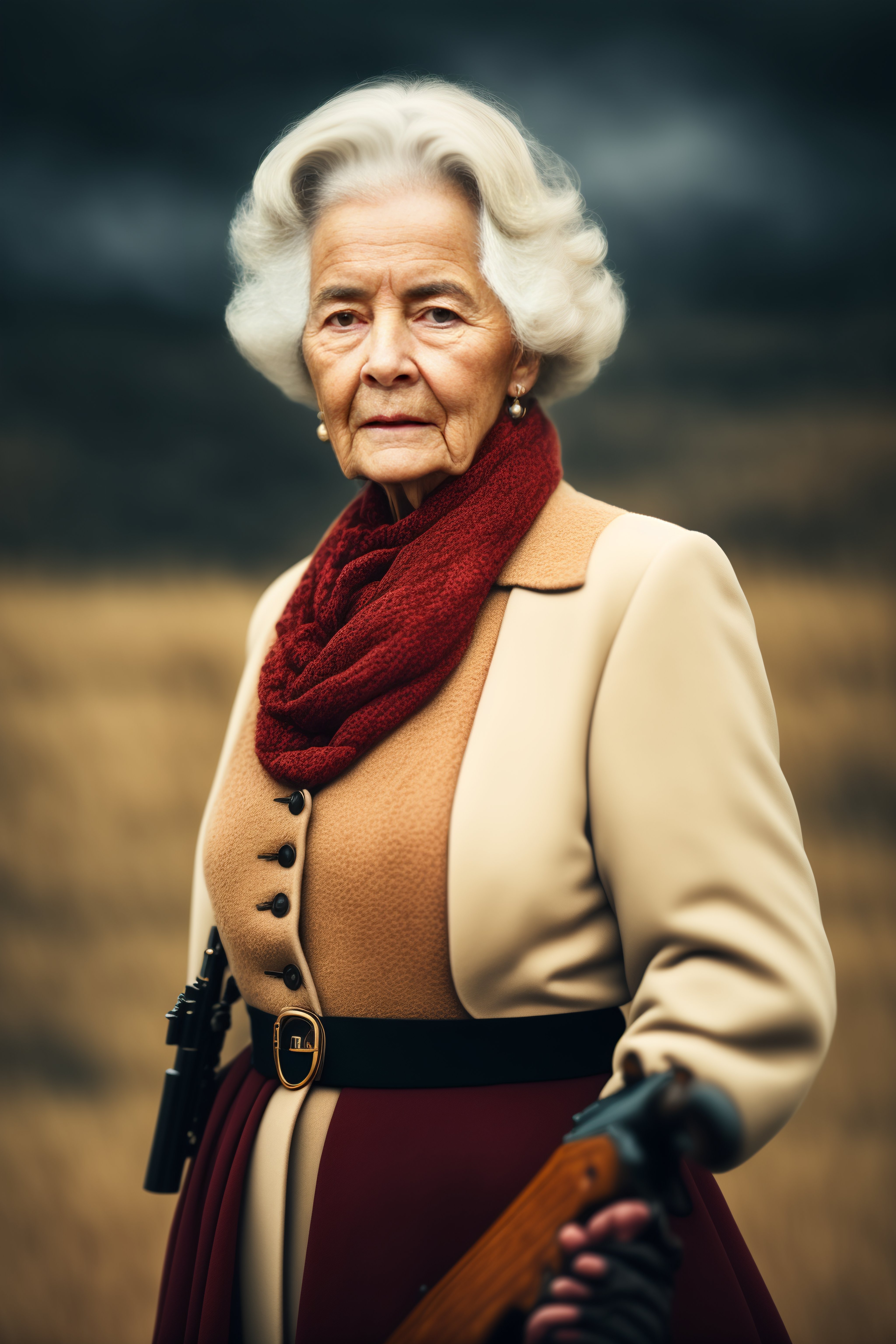 Lexica - Old ellegant lady holding gun
