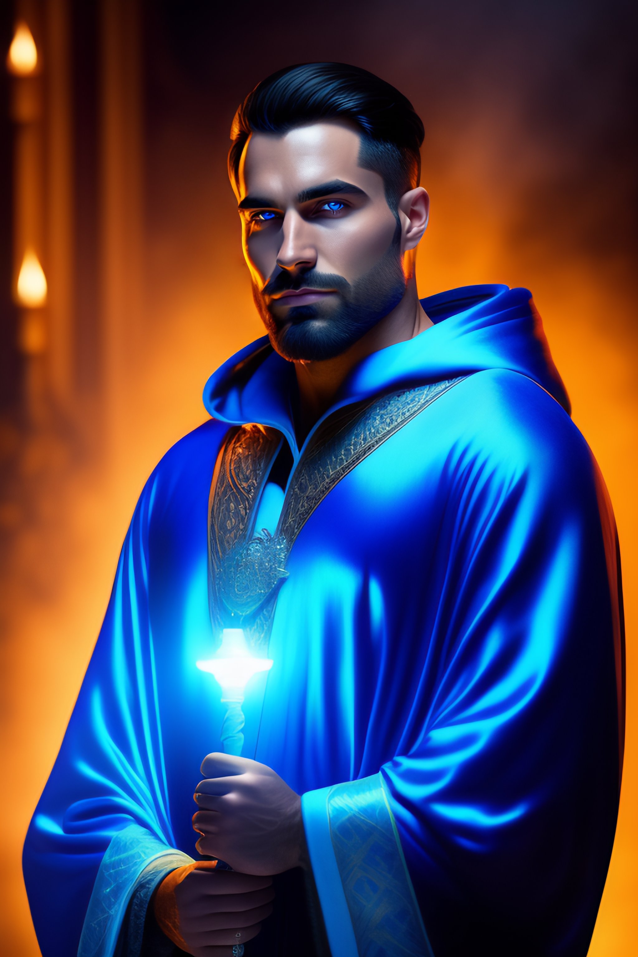 Lexica - 32 age old beardless male wizard with blue robe and hoodie ...