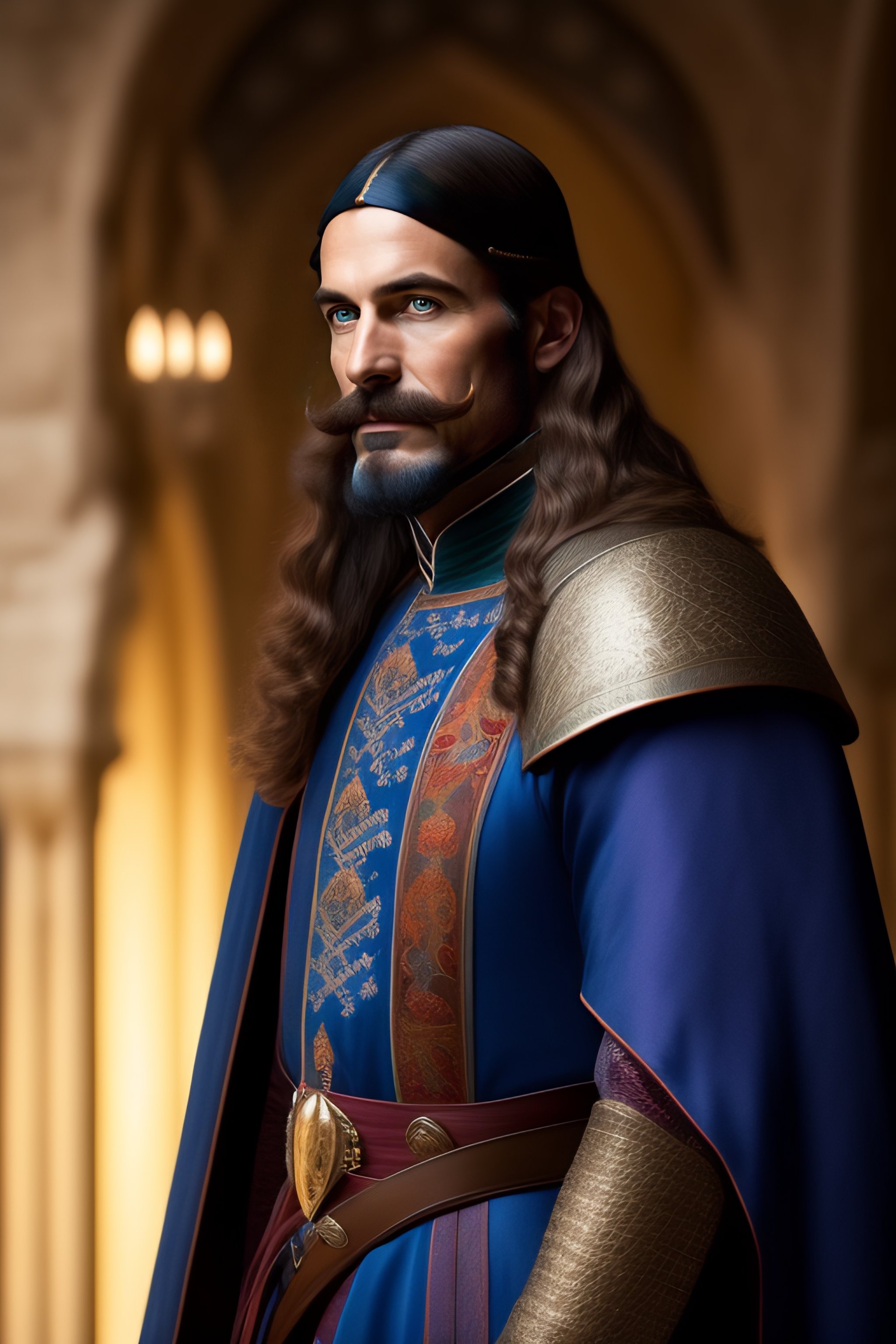 Lexica - 60 year noble, blue medieval clothes, male, balding, with long ...