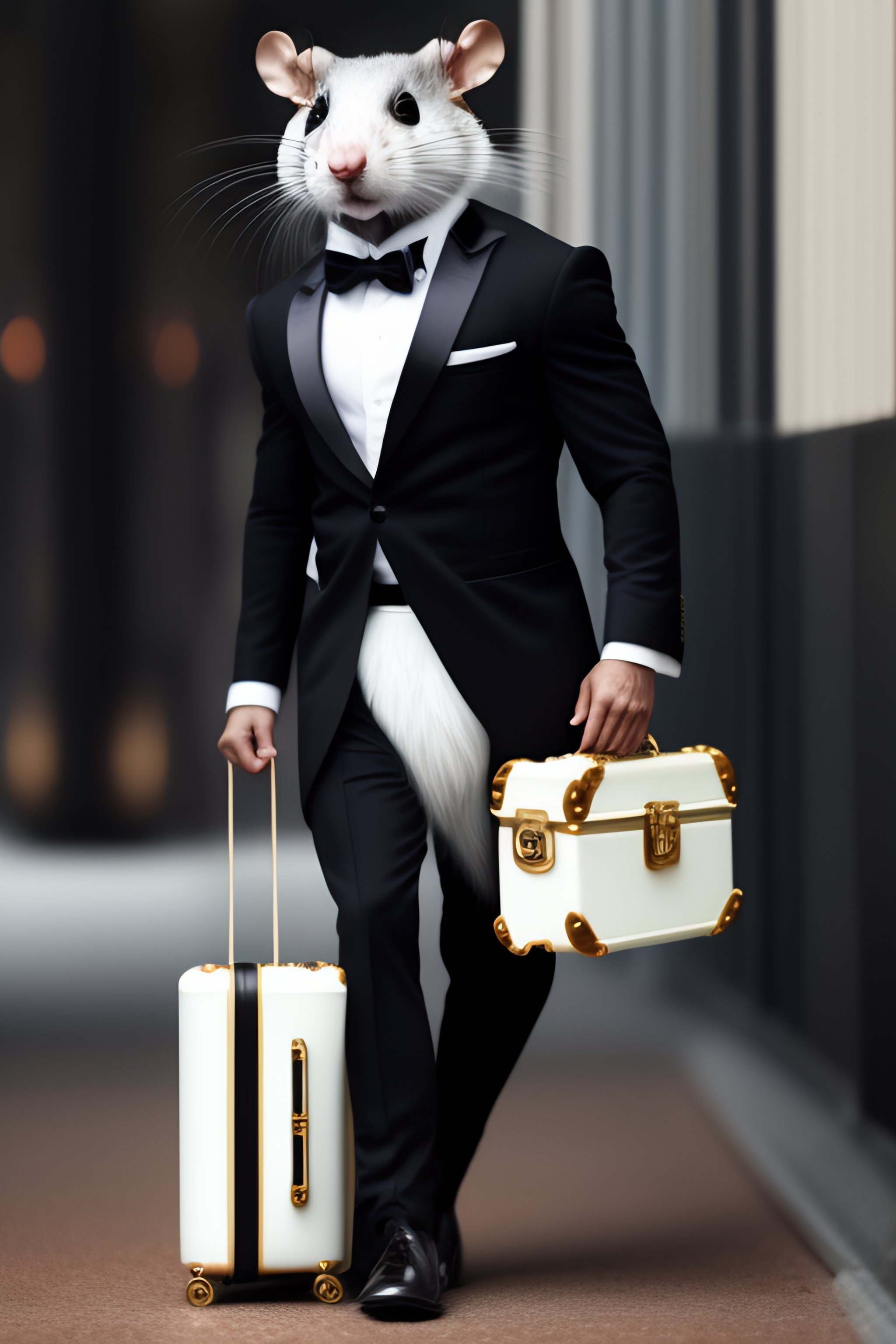 Lexica - Anthropomorphic white rat in a bodyguard black tuxedo , with a ...
