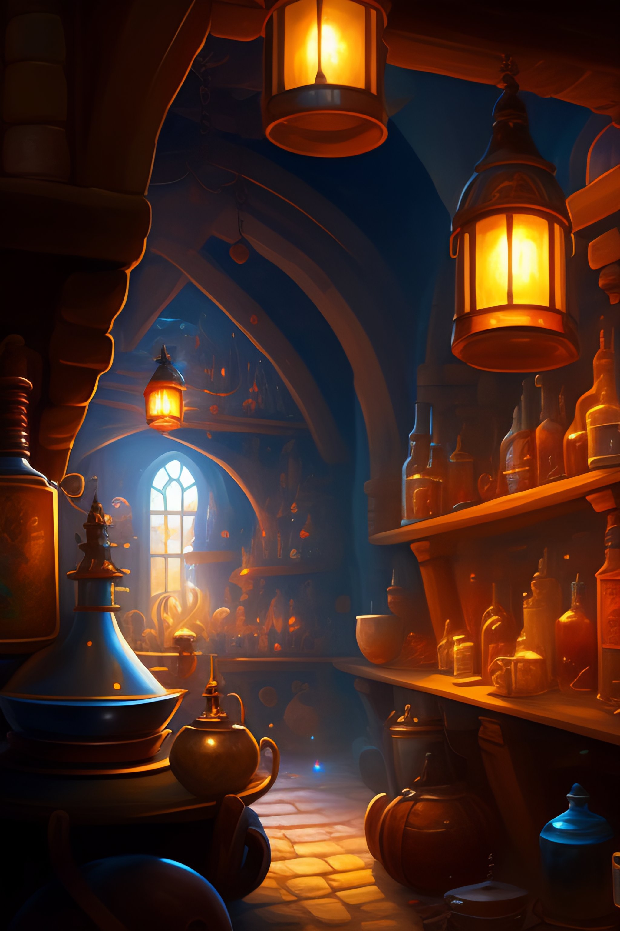 Lexica - Surreal painting of a cluttered fantasy medieval alchemist's ...