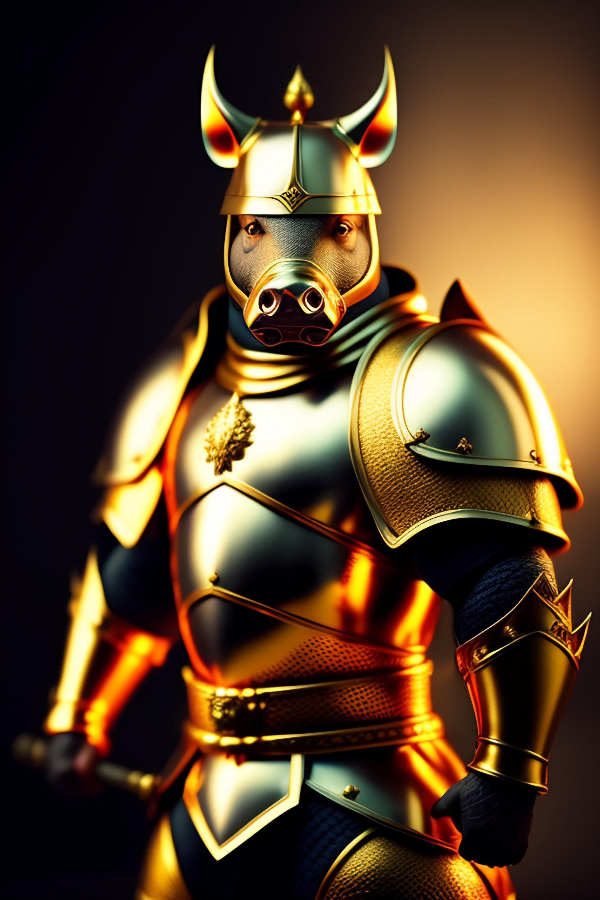 Lexica - An ultrarrealistic photo of a knight pig holding a mace ...