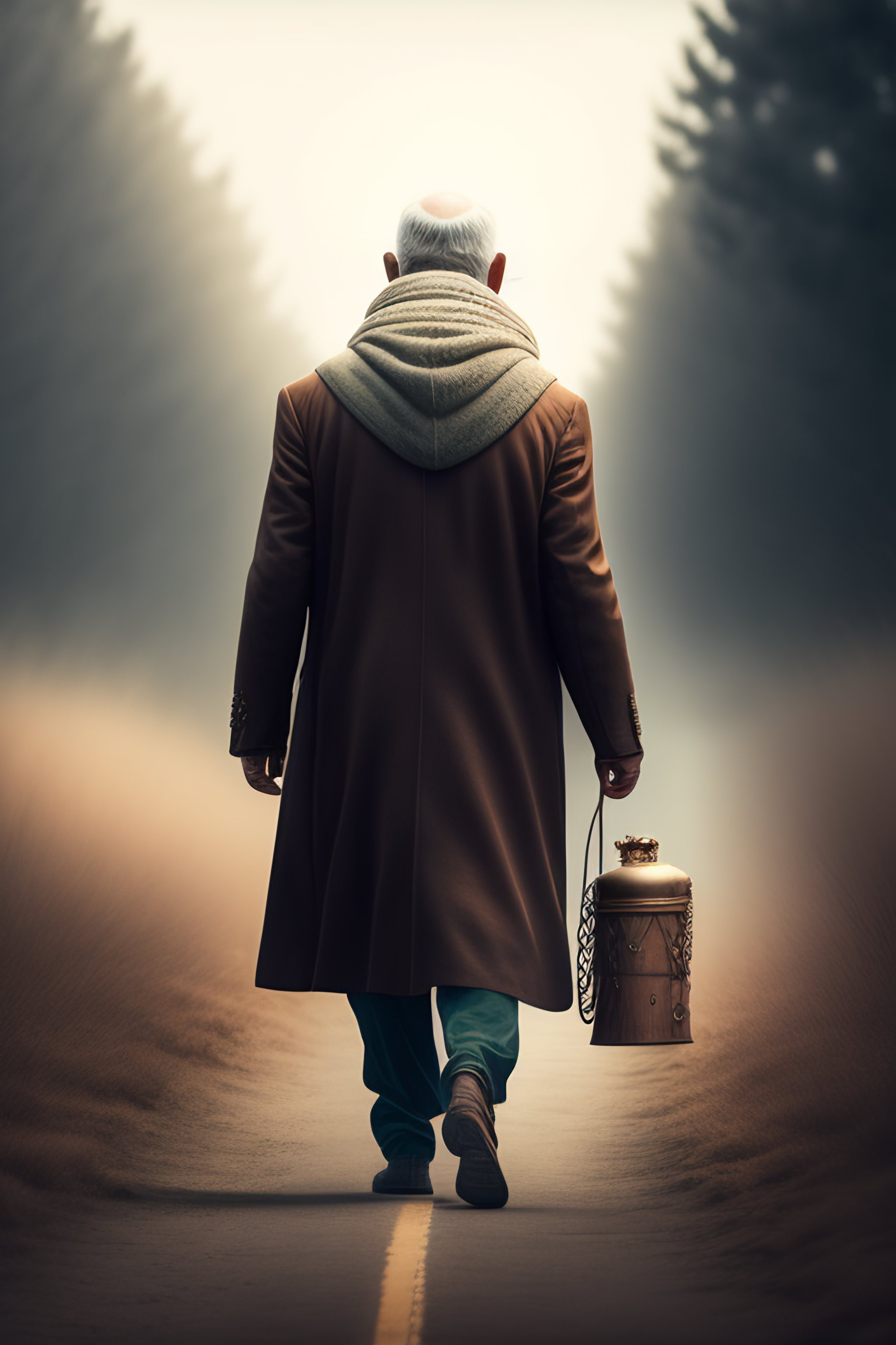 Lexica - Old man carrying a time machine on his head. with rope tied ...