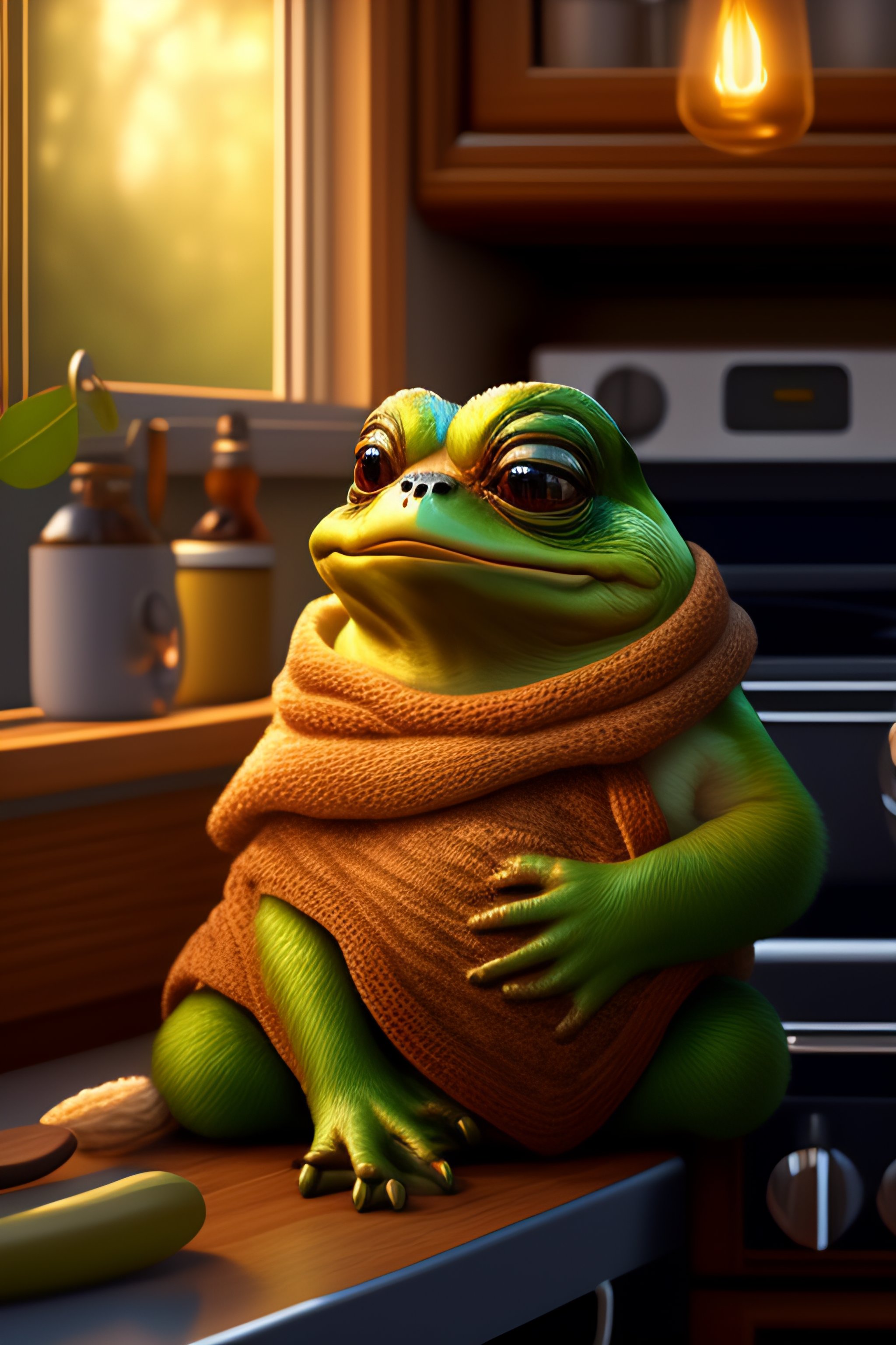 Lexica - An exhausted pepe the frog cooking dinner with an apron on ...